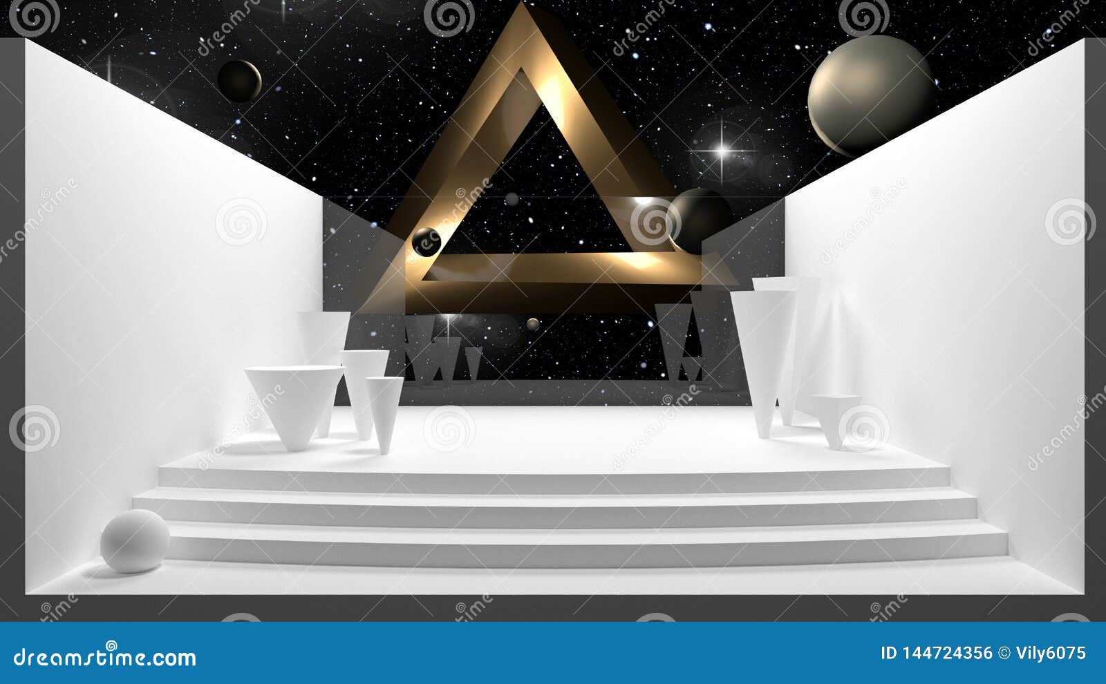 3d Rendering, Abstract Scene with Geometric Shapes and Space Views ...
