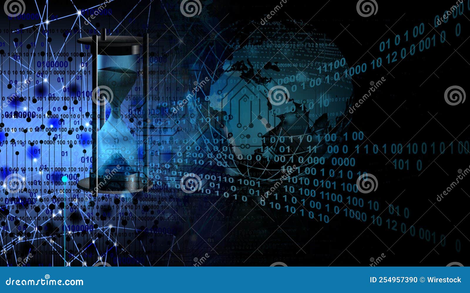 3d Rendering Of An Abstract Technology Background With An Hourglass With Binary Code Stock