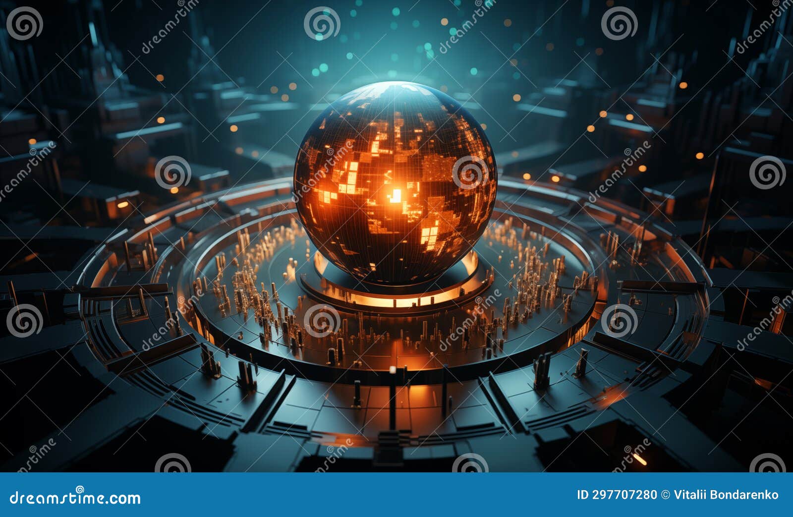 3D Rendering of Abstract Technology Concept with Glowing Sphere and ...