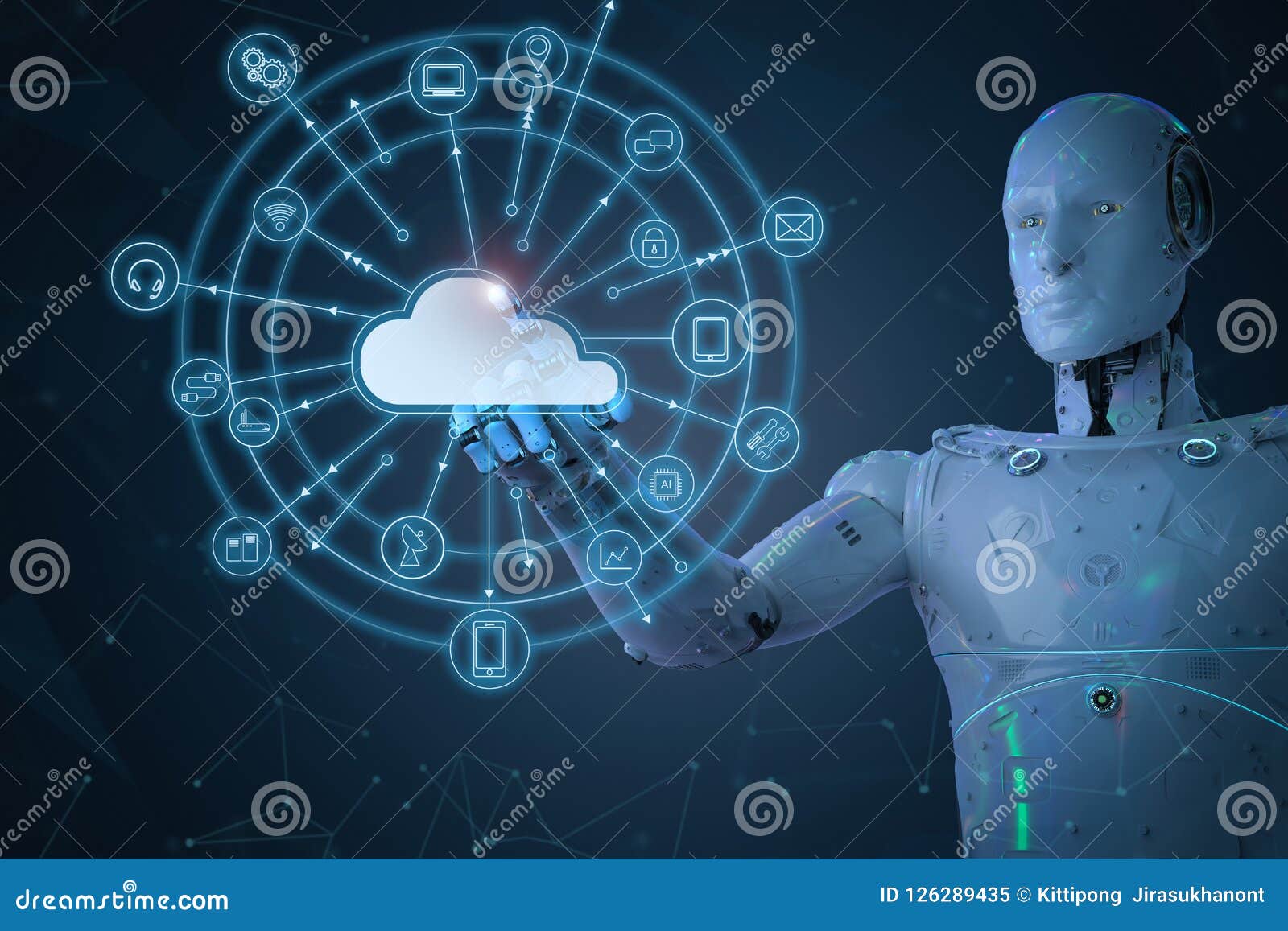 Robot with cloud computer stock illustration. Illustration of network ...