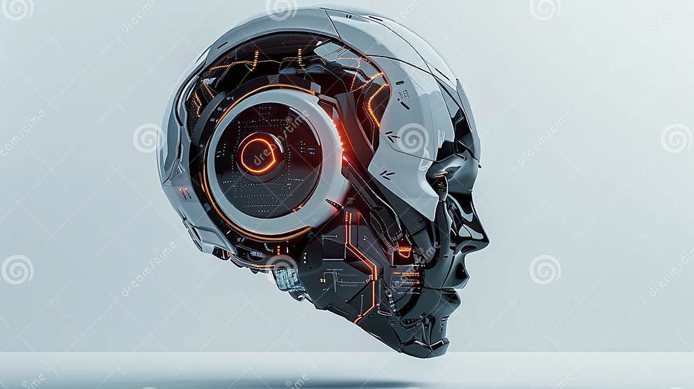 A 3D Rendering of an AI Robot Head with a Digital Brain Engine Inside, Isolated on a White ...