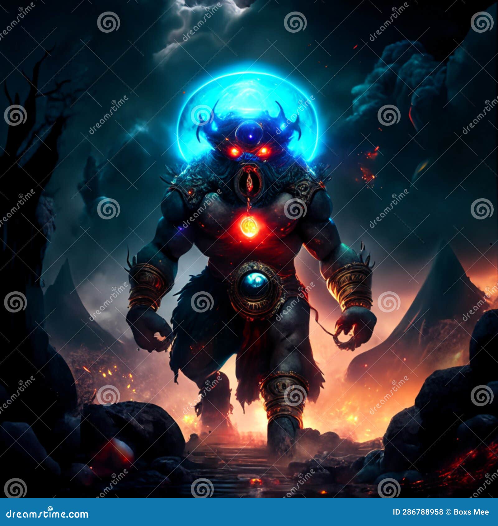 3D Rendering of an Alien in a Dark Forest with Glowing Lights ...