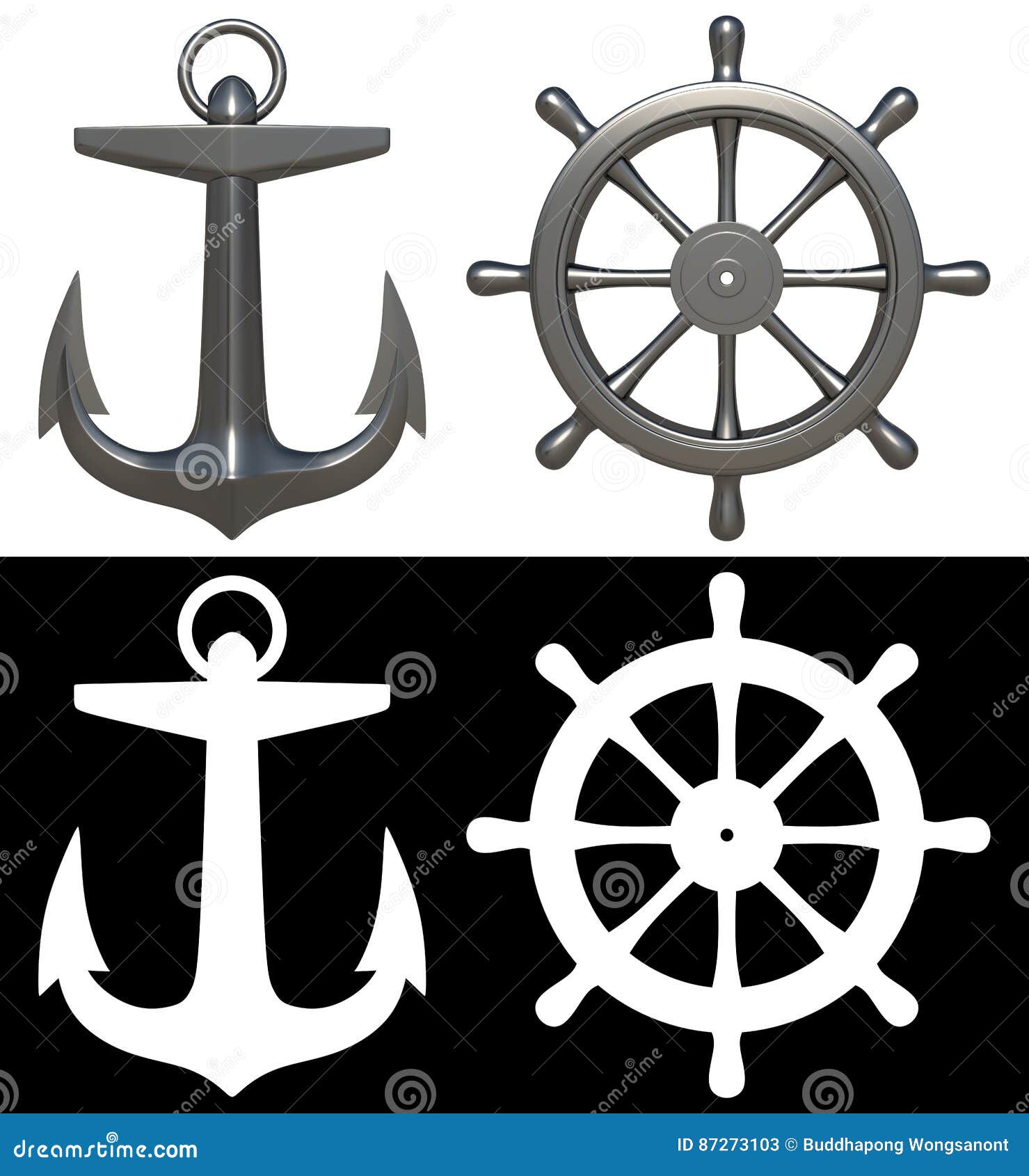 3D Rendering of an Anchor and a Steering Wheel Isolated on White Stock ...