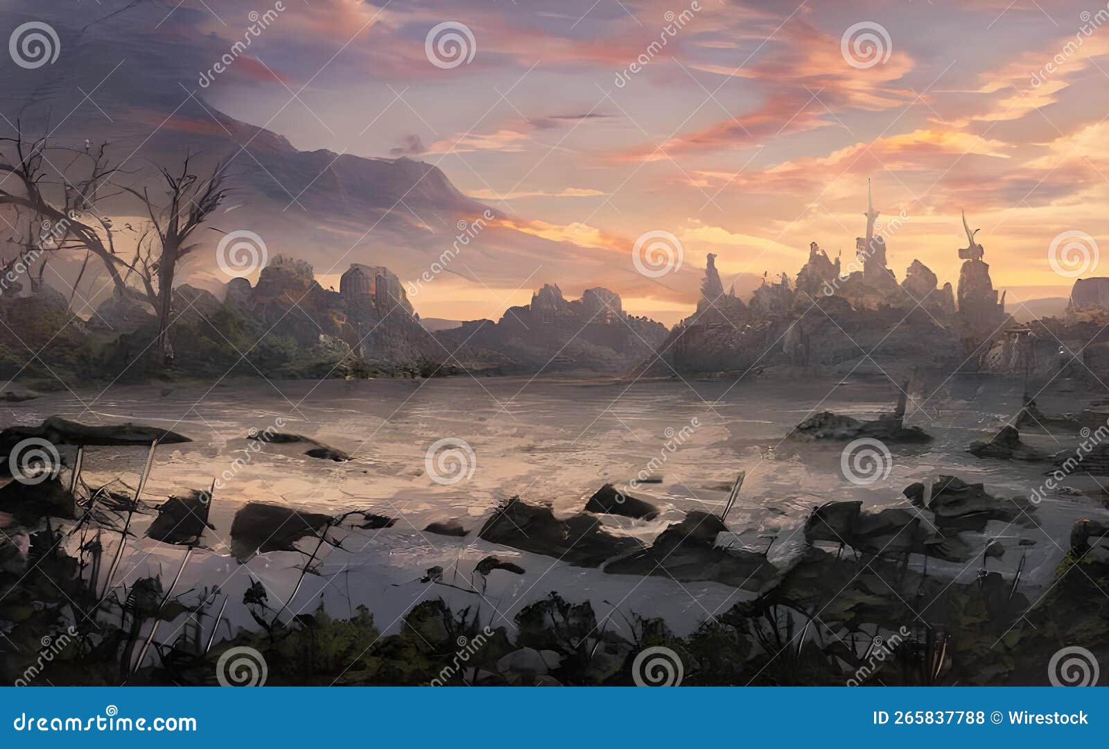 3D Rendering of Ancient Buildings during Sunset Stock Illustration ...