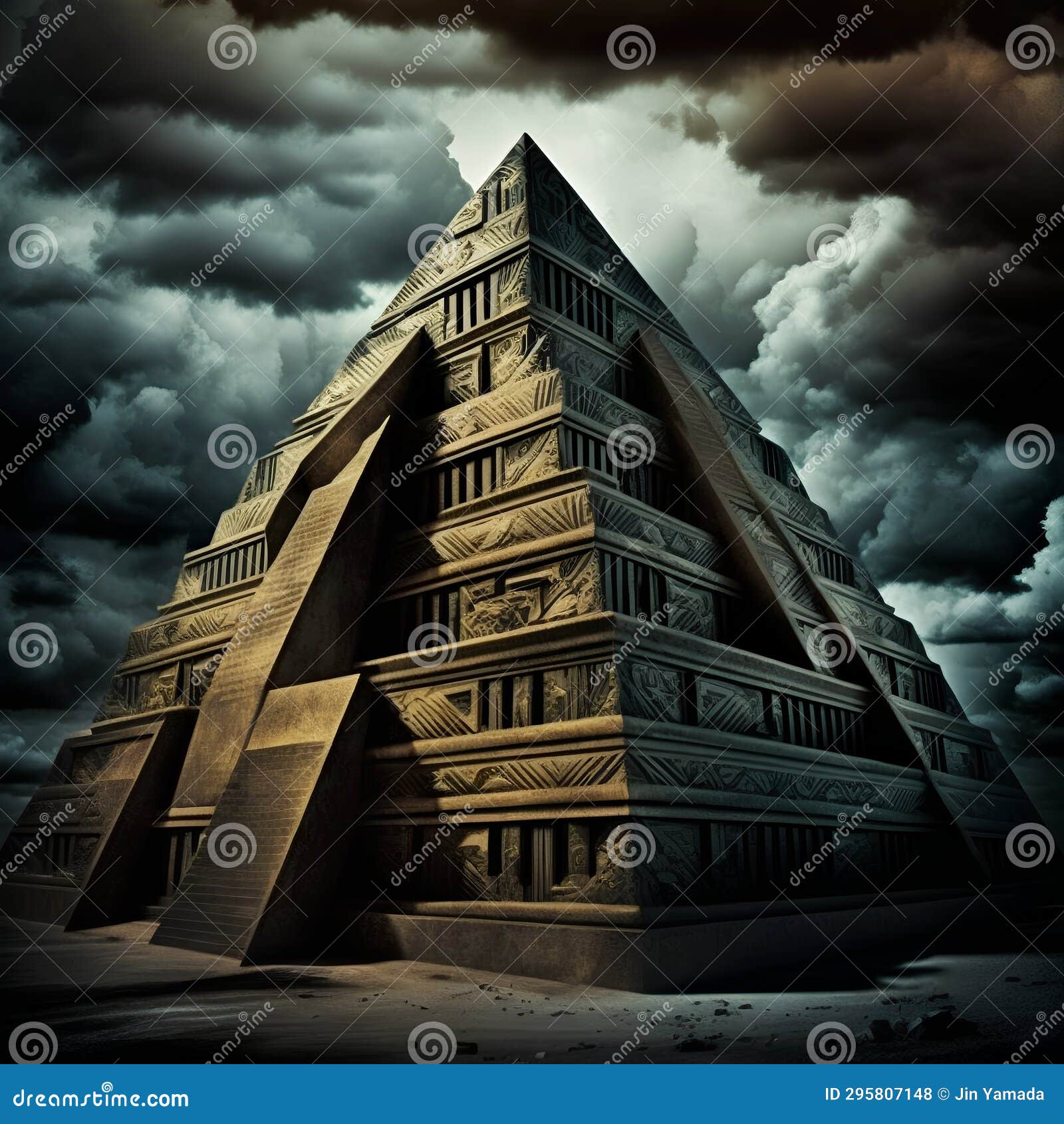 3D Rendering of an Ancient Pyramid in the Desert with Dramatic Clouds ...