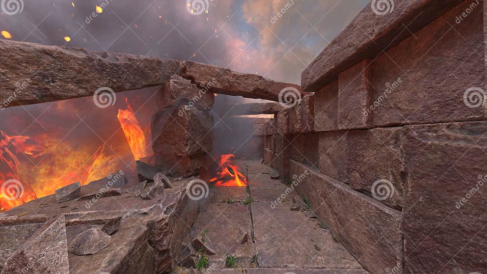 3D Rendering of the Ancient Ruins Under Attack Stock Illustration - Illustration of stone ...