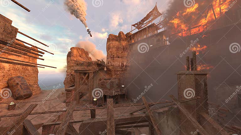 3D Rendering of the Ancient Ruins Under Attack Stock Illustration - Illustration of collapse ...