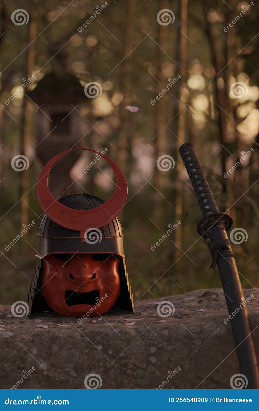 3d Rendering of Ancient Samurai Helmet Next To Katana Sword Stock ...