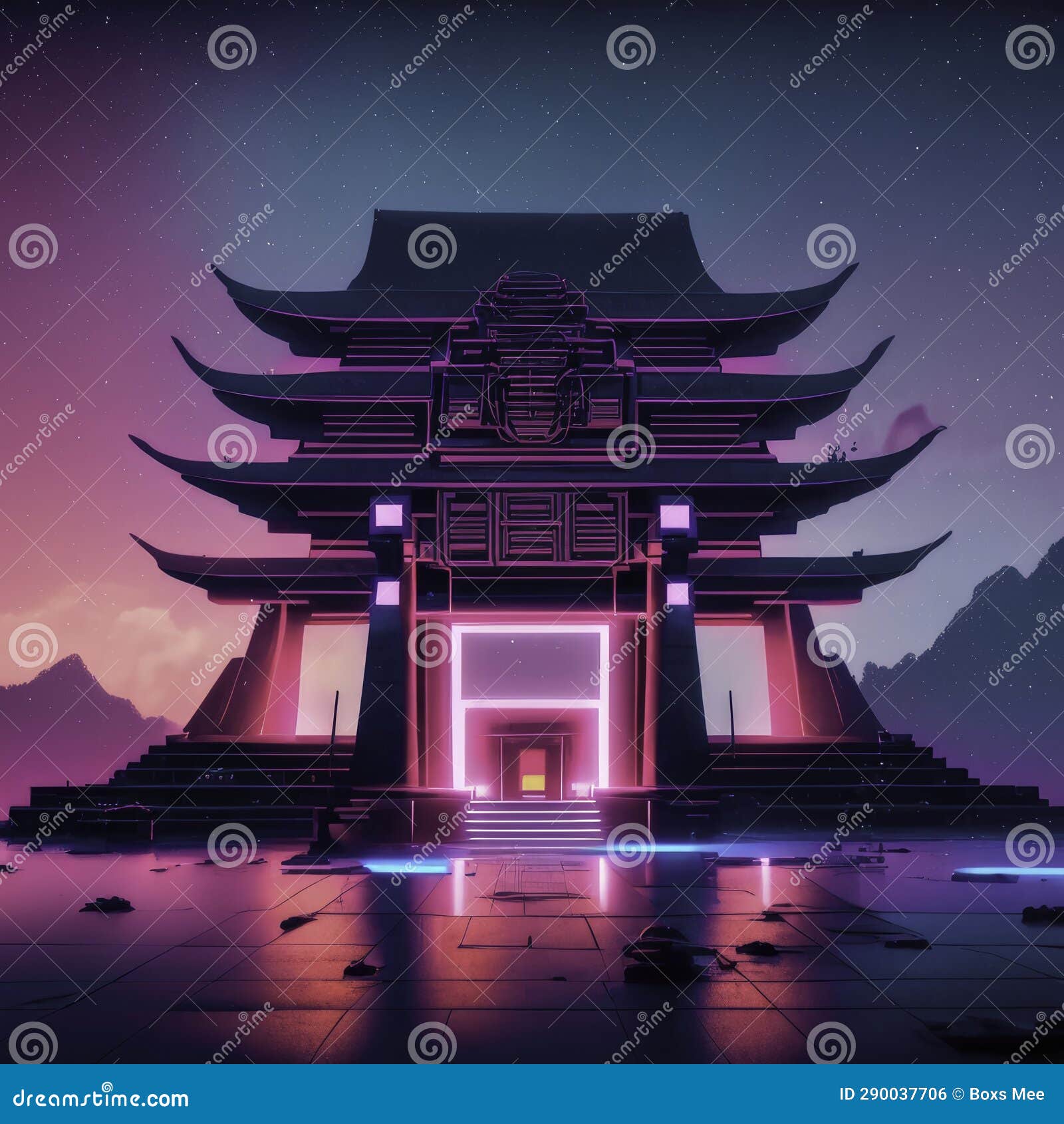 3D Rendering of the Ancient Temple in the Night with Neon Lights ...
