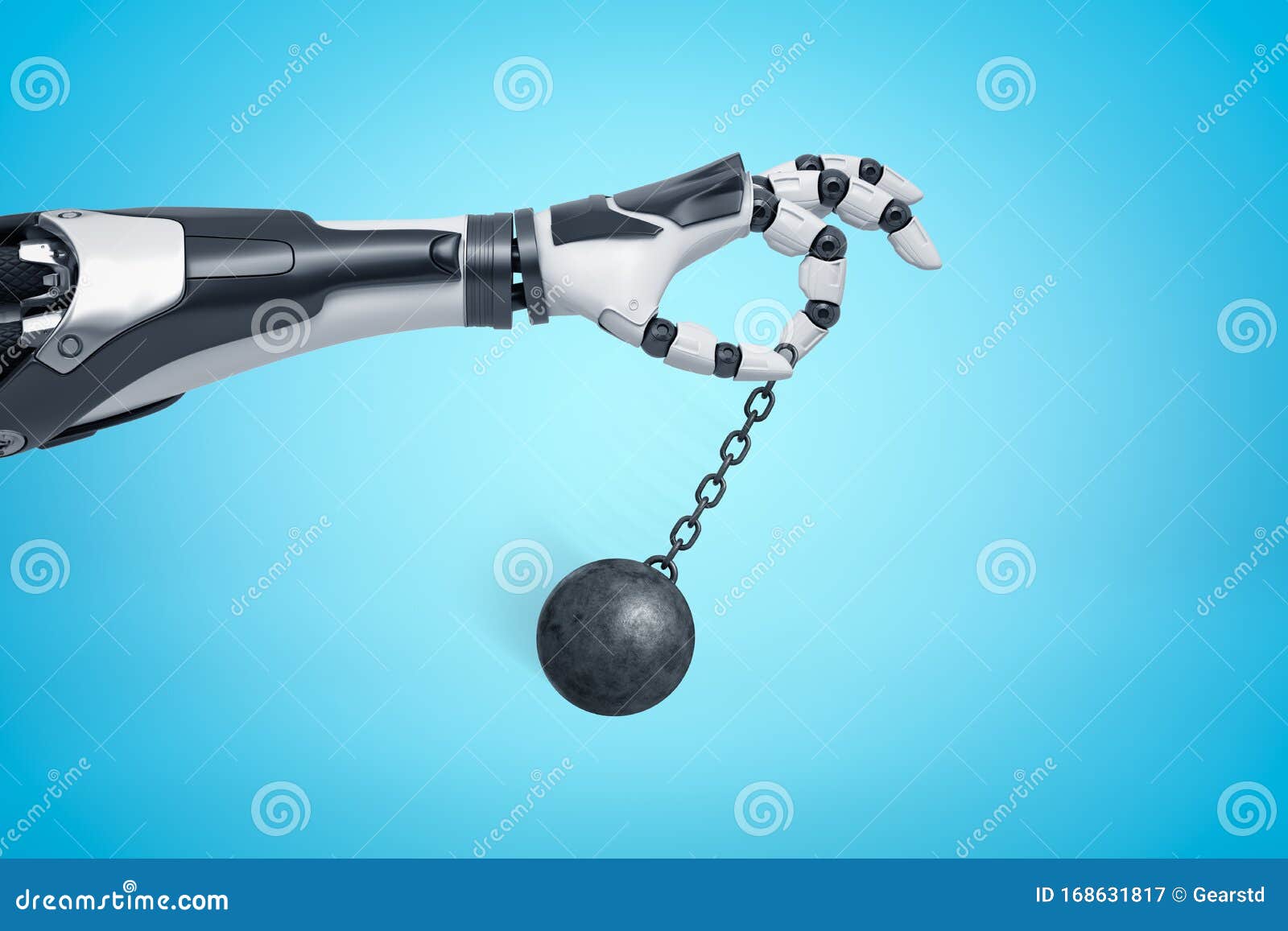 3d Rendering of Android Arm Holding Small Wrecking Ball on Light Blue ...