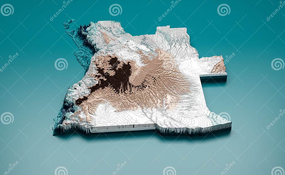 3D Rendering of the Angola Topographic Map on a Blue Background Stock ...