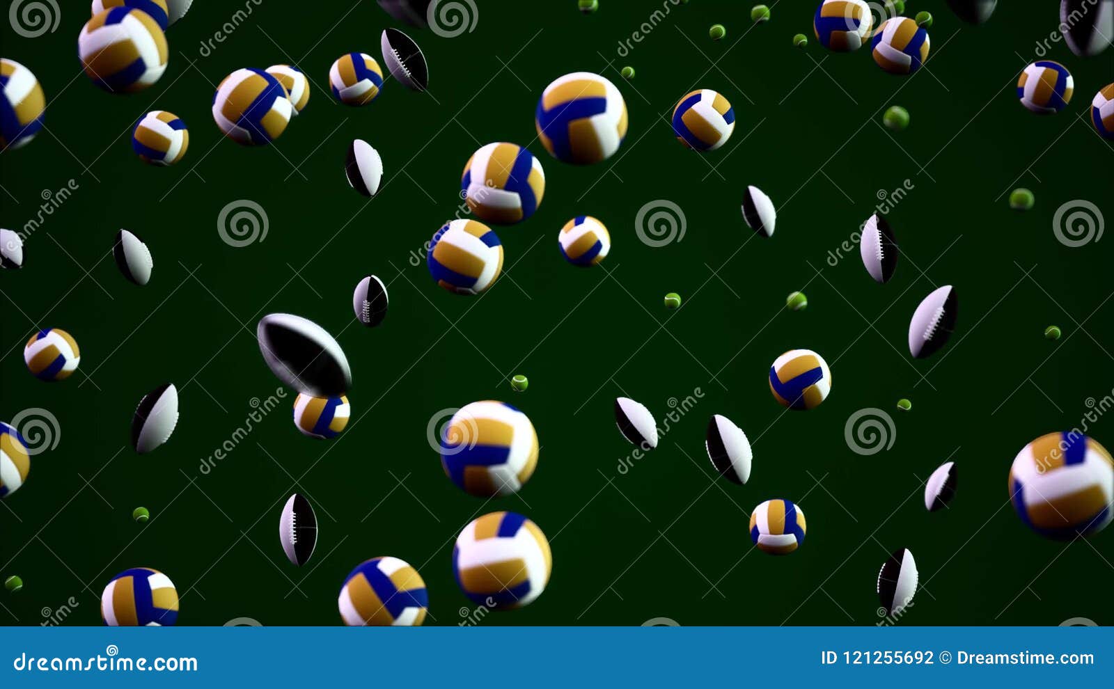 3D Rendering Animation Sport Balls Falling from the Sky Background ...