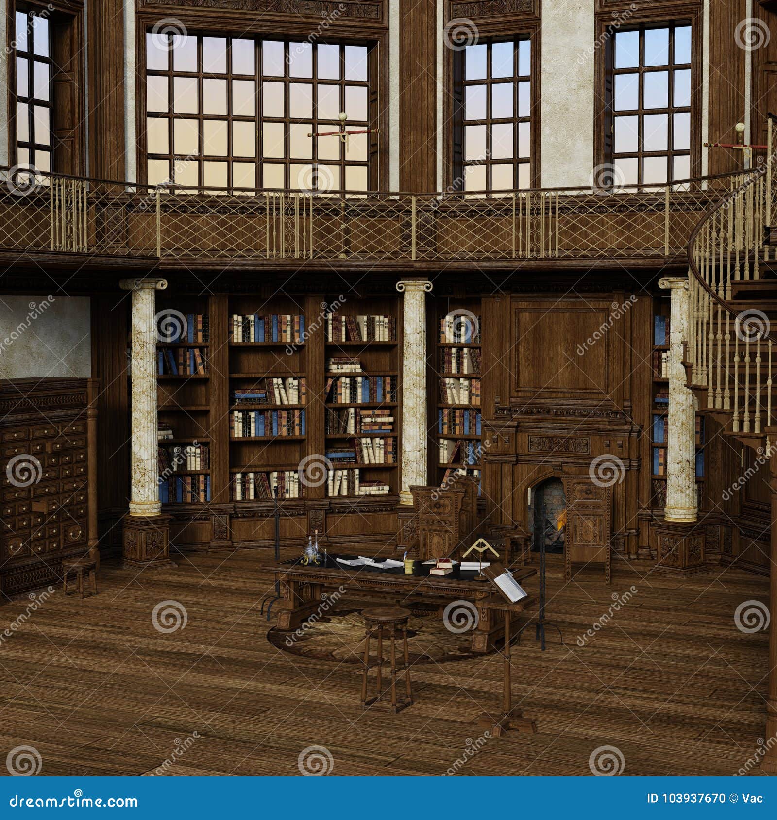 3D Rendering Antique Library Stock Illustration - Illustration of ...