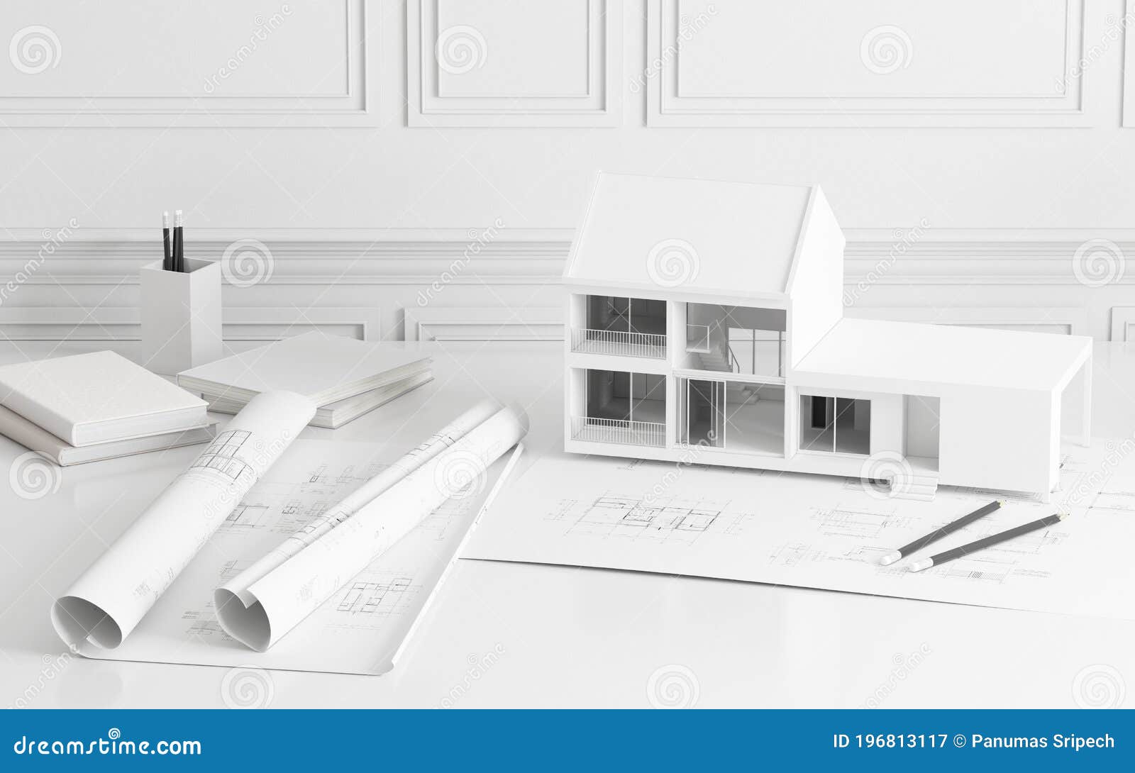 3D Rendering of Architecture Model and Drawing Paper on Table Stock ...