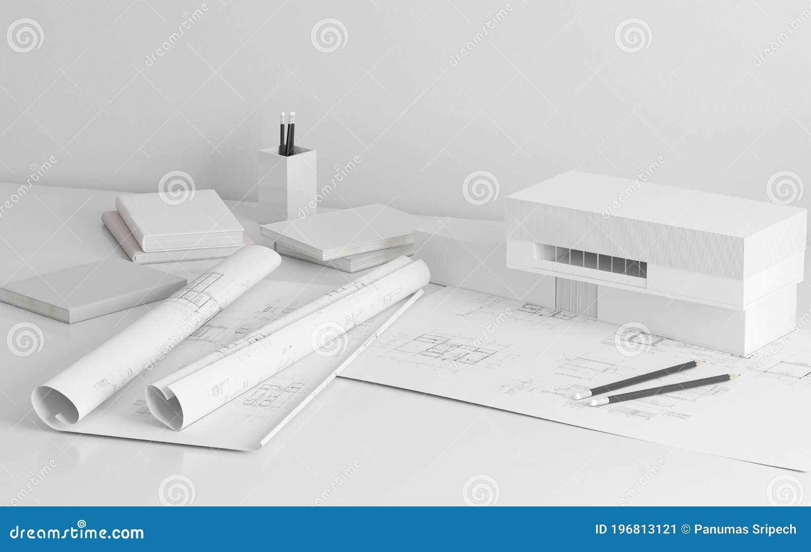 3D Rendering of Architecture Model and Drawing Paper on Table Stock ...