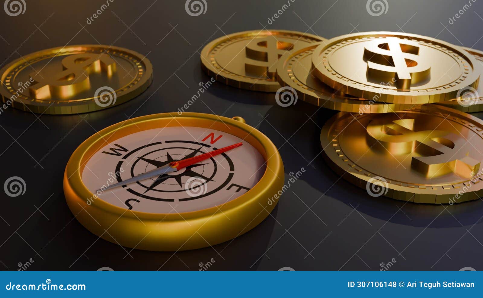Array of Gold Coins and Compass Stock Illustration - Illustration of ...