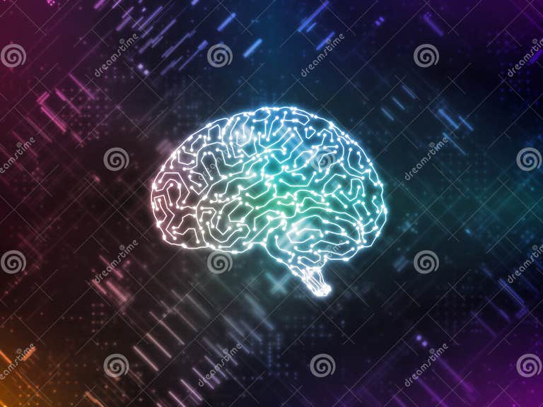 3D Rendering of Artificial Intelligence AI is Operating with Abstract Data. Glowing Brain ...