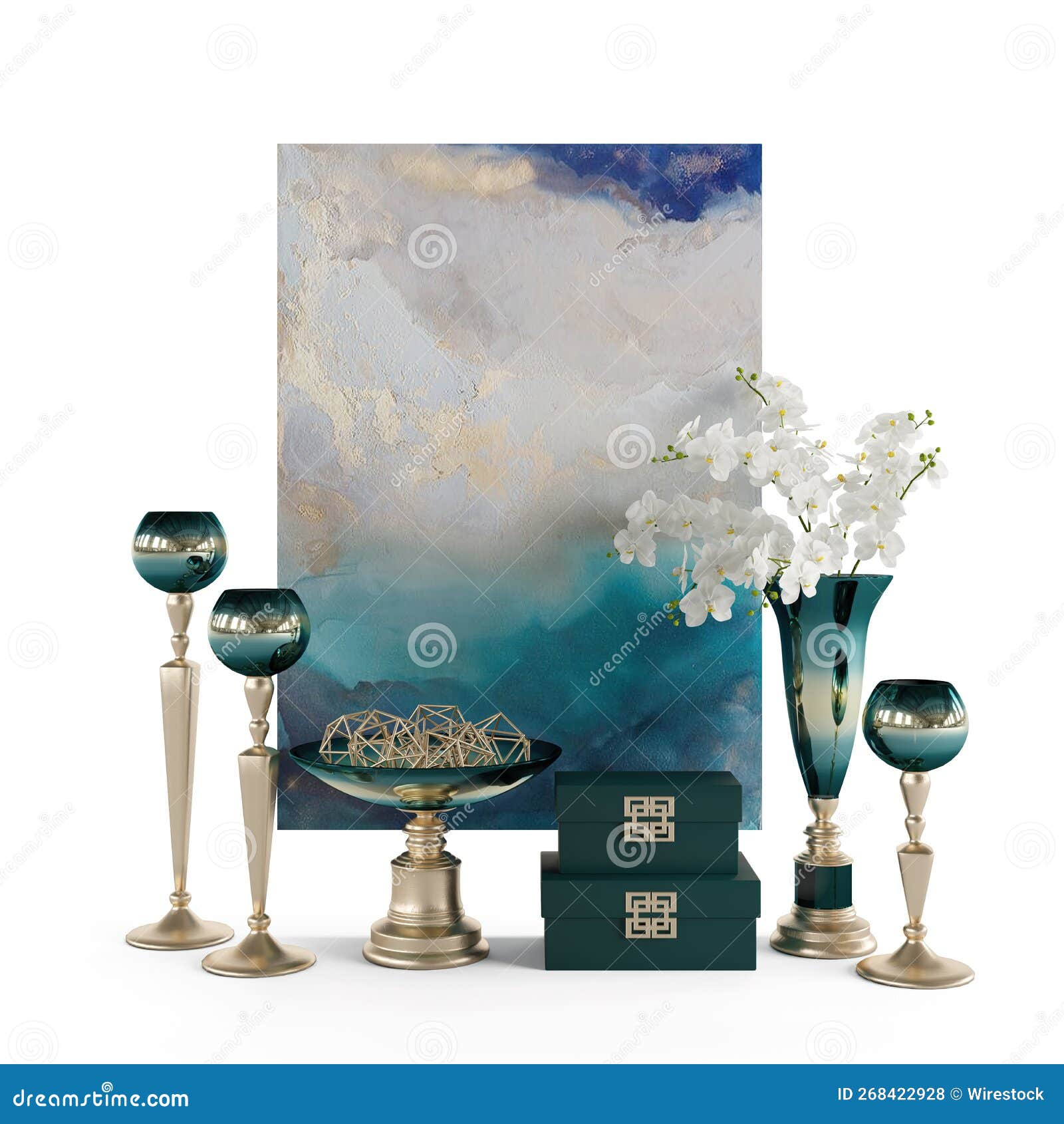 3D Rendering of an Artwork Set Up Behind Decorative Objects Isolated on ...