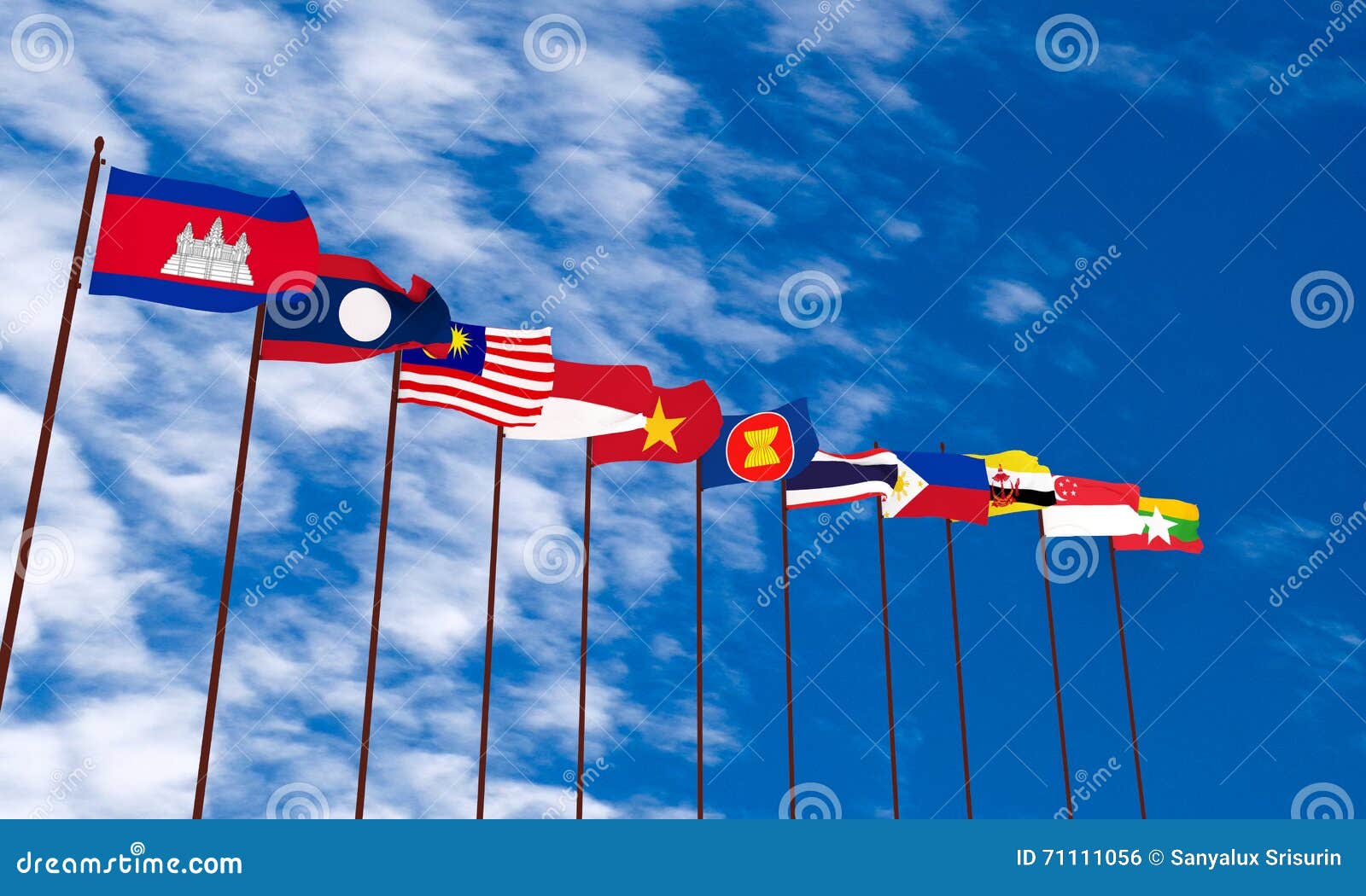 3d rendering ASEAN flag stock illustration. Illustration of pole - 71111056