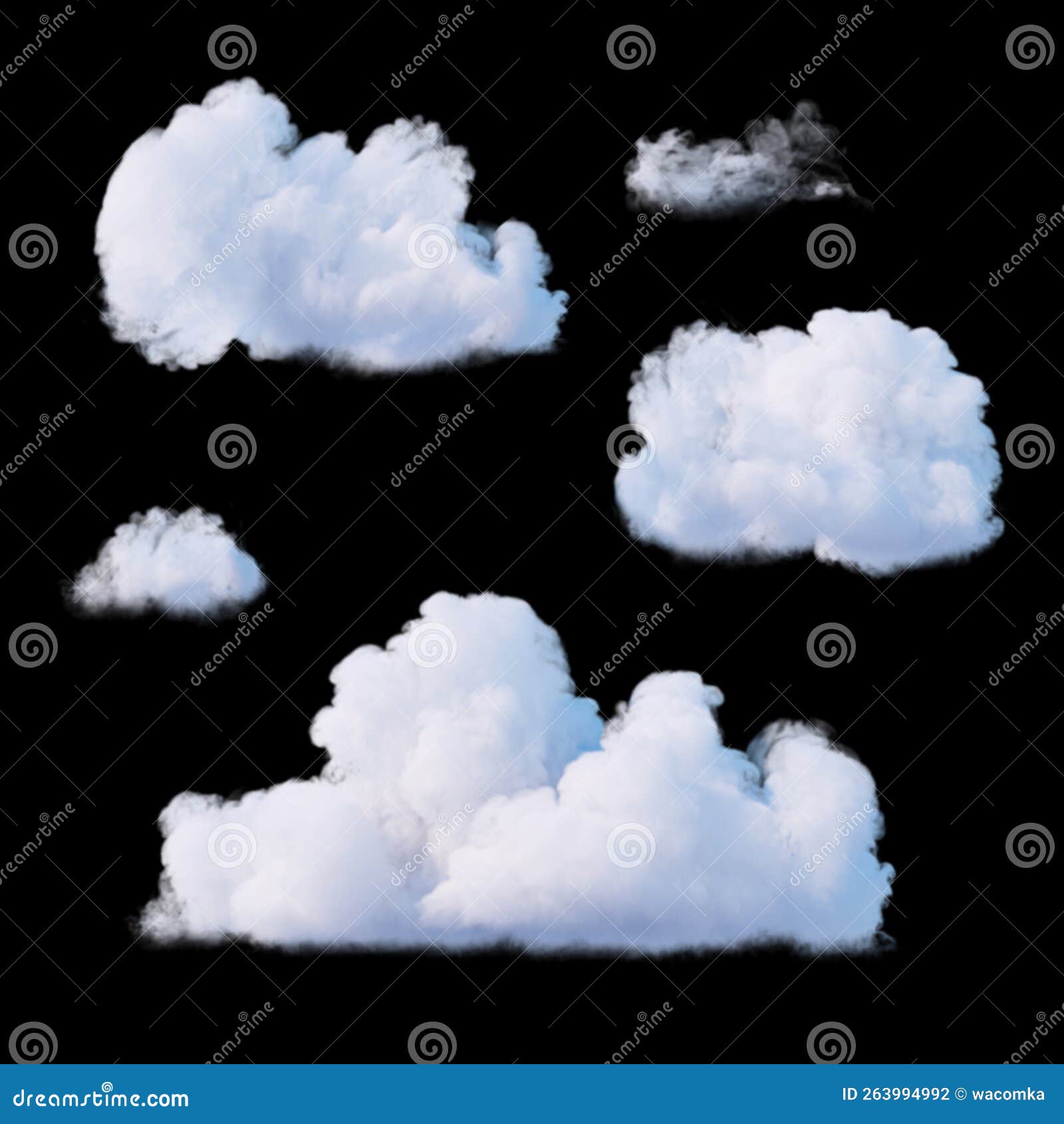 3d Rendering, Assorted White Fluffy Clouds Isolated on Black Background ...