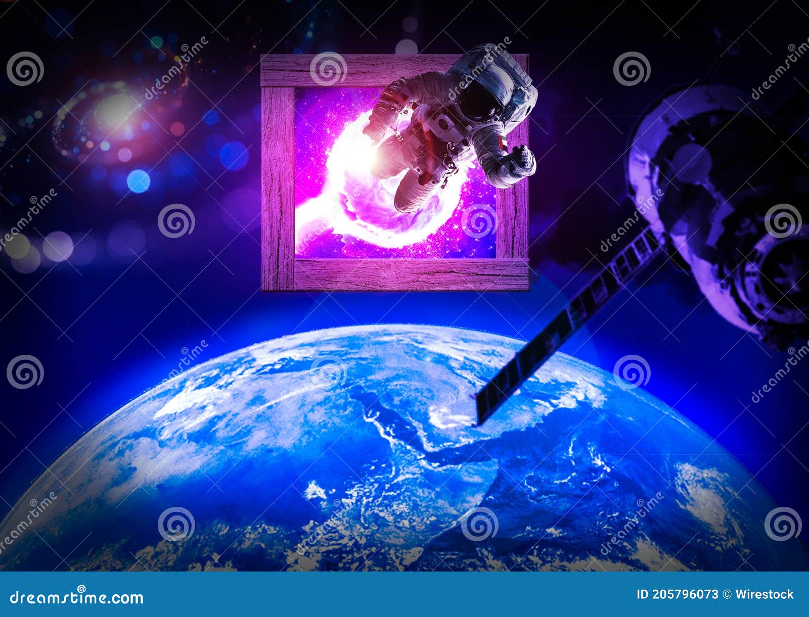 3D Rendering of an Astronaut Flying Out of a Frame into the Space ...