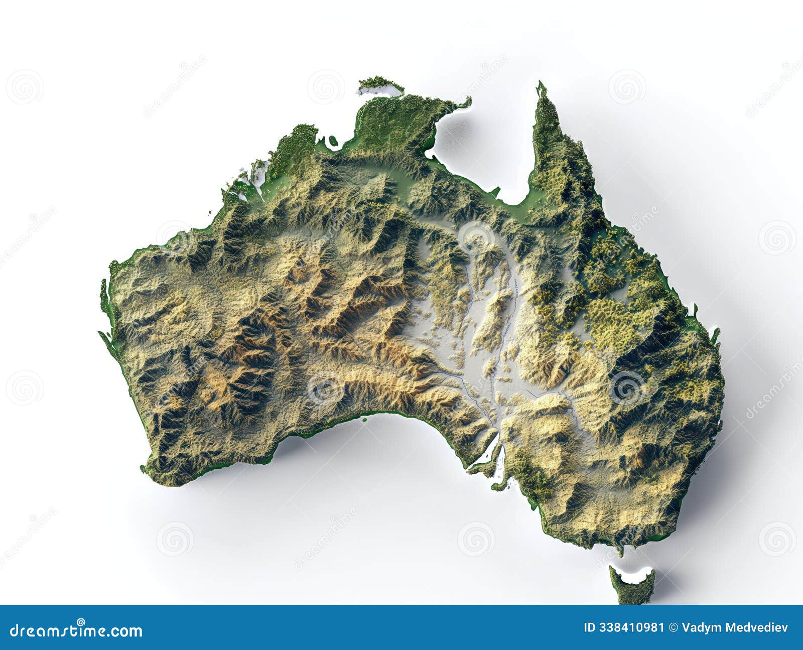 3D Rendering of Australia Map in Shaded Relief with Color-coded Height ...