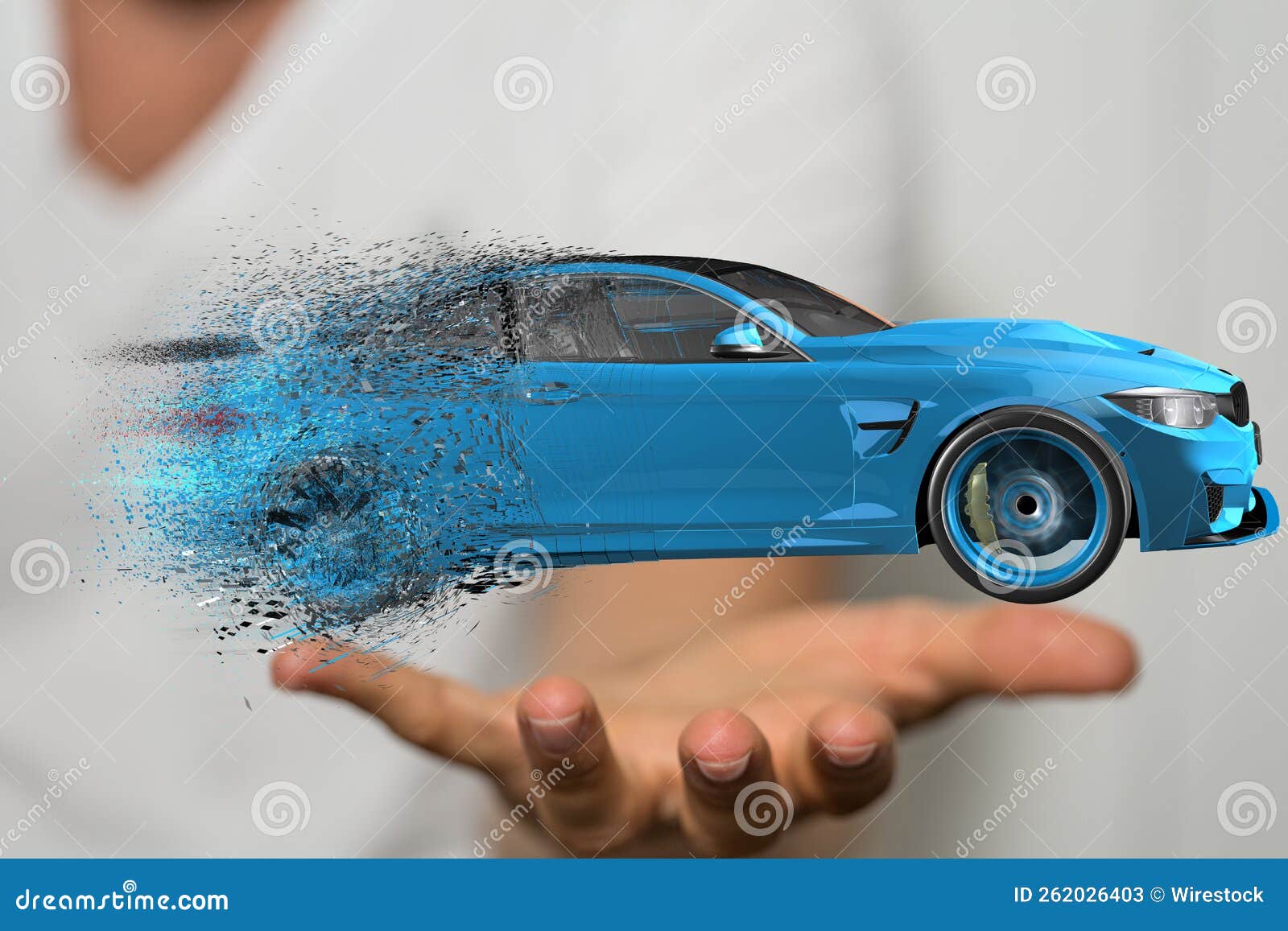 3D Rendering of an Autonomous Driving Electric Car Floating on a Man S ...