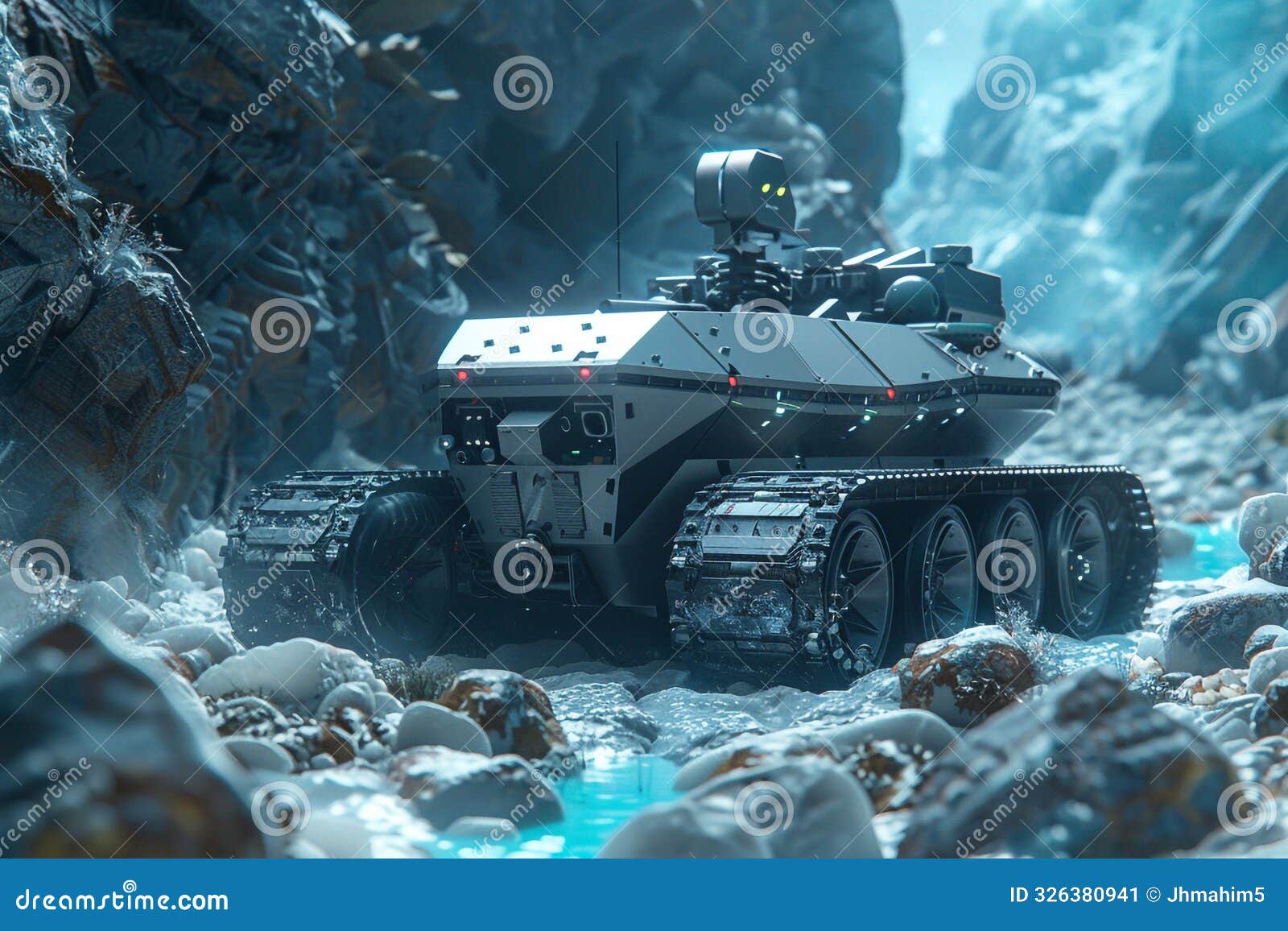 A 3D Rendering of an Autonomous Robotic Tank Navigating through a ...