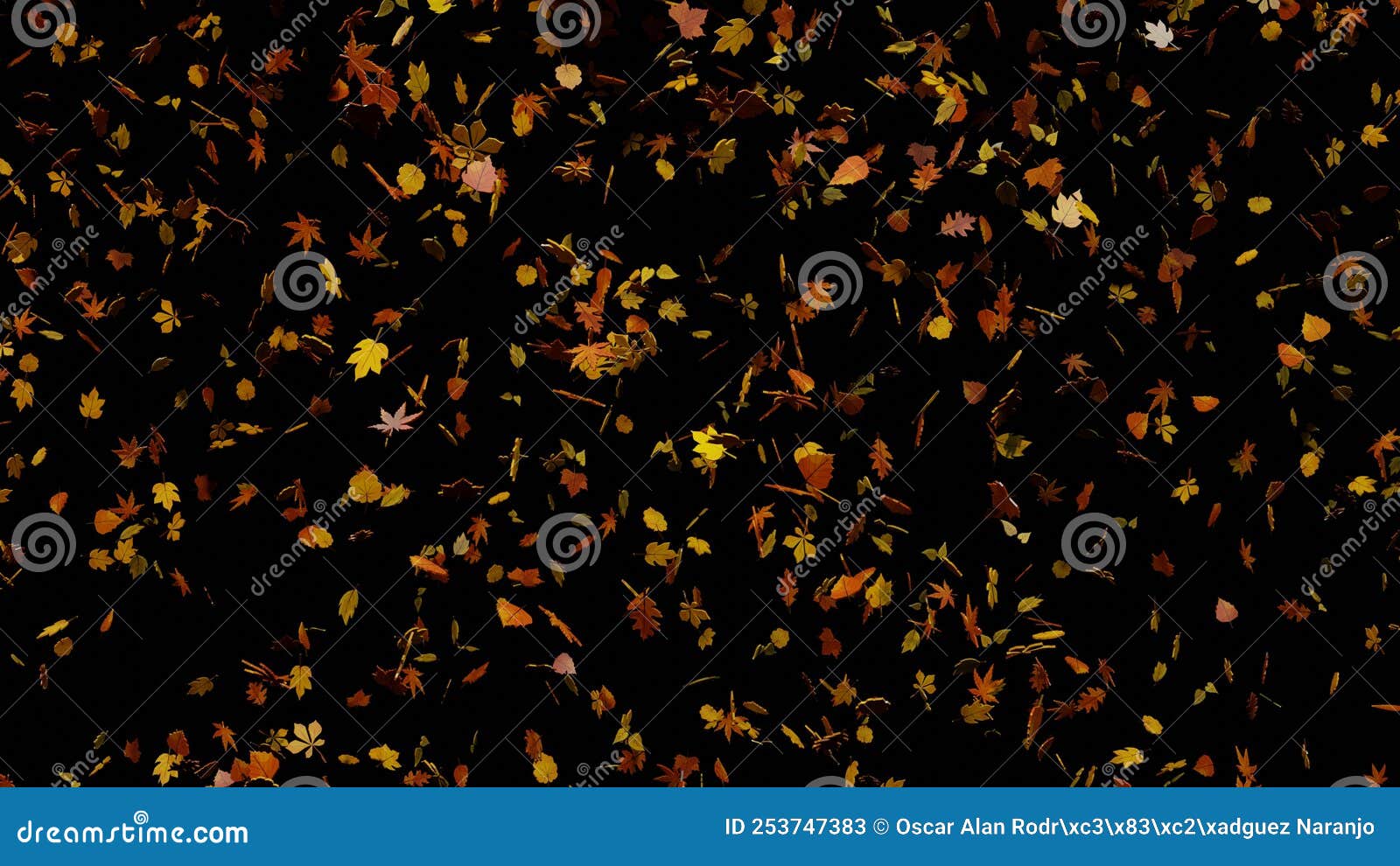 3D Rendering. Autumn Leaves Pattern on a Black Isolated Background ...