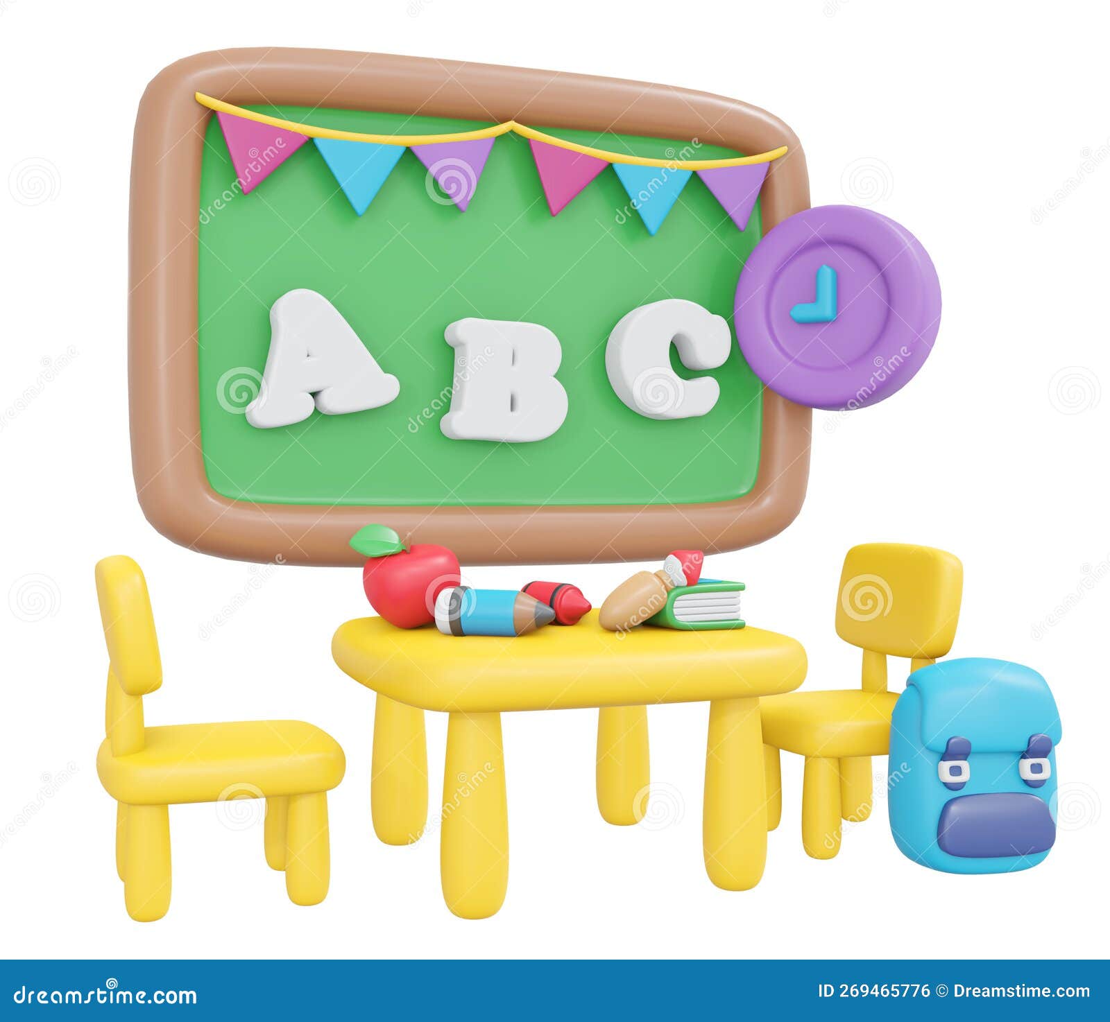 3D Rendering Back To School Classroom Learning Space Table Cartoon ...