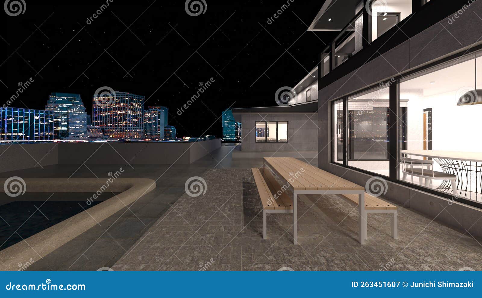 3D Rendering of the Balcony with Night View Stock Illustration ...