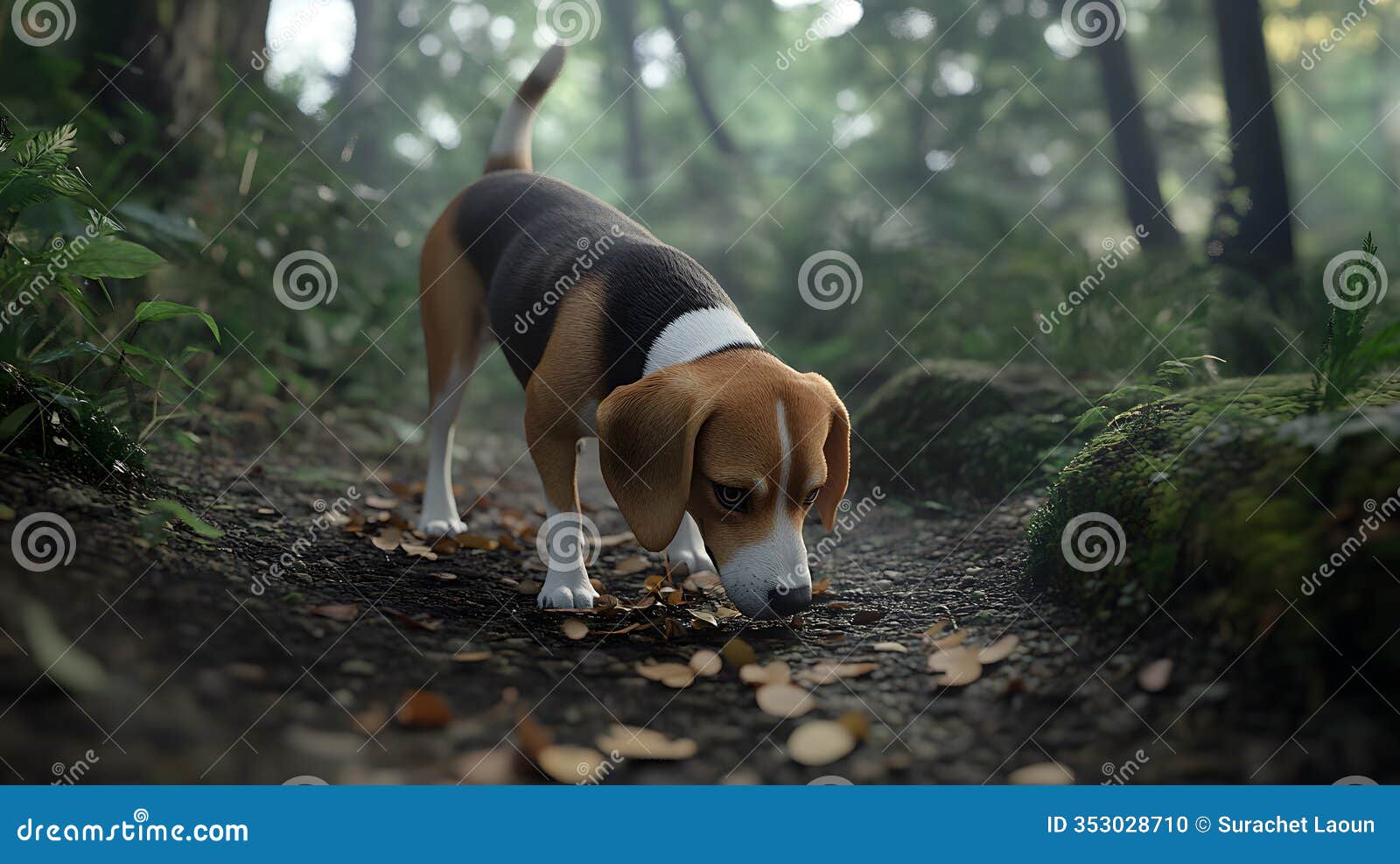 3D Rendering of Beagle Sniffing Ground in Forest Setting, Surrounded by ...