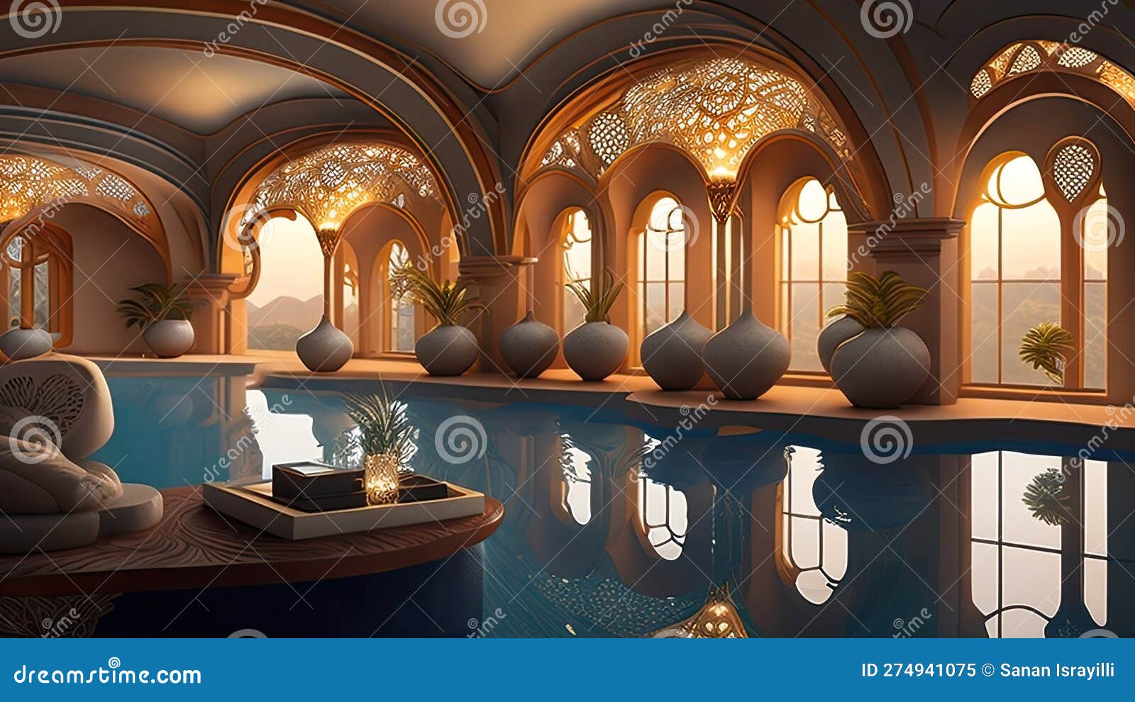 3D Rendering of a Beautiful Arabic Style Interior with a Pool Stock ...