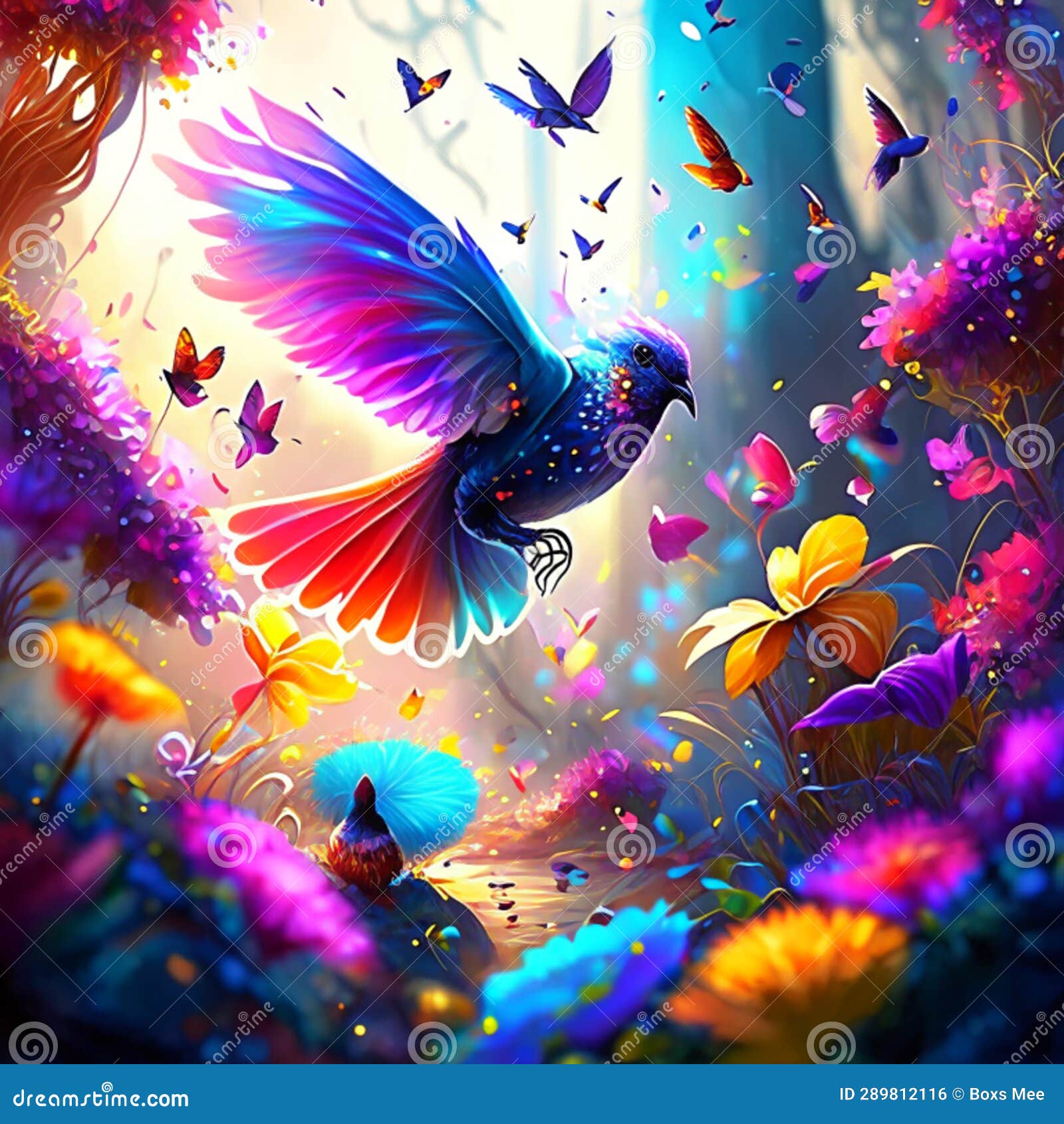 3D Rendering of a Beautiful Bird with Wings Spread on a Colorful ...