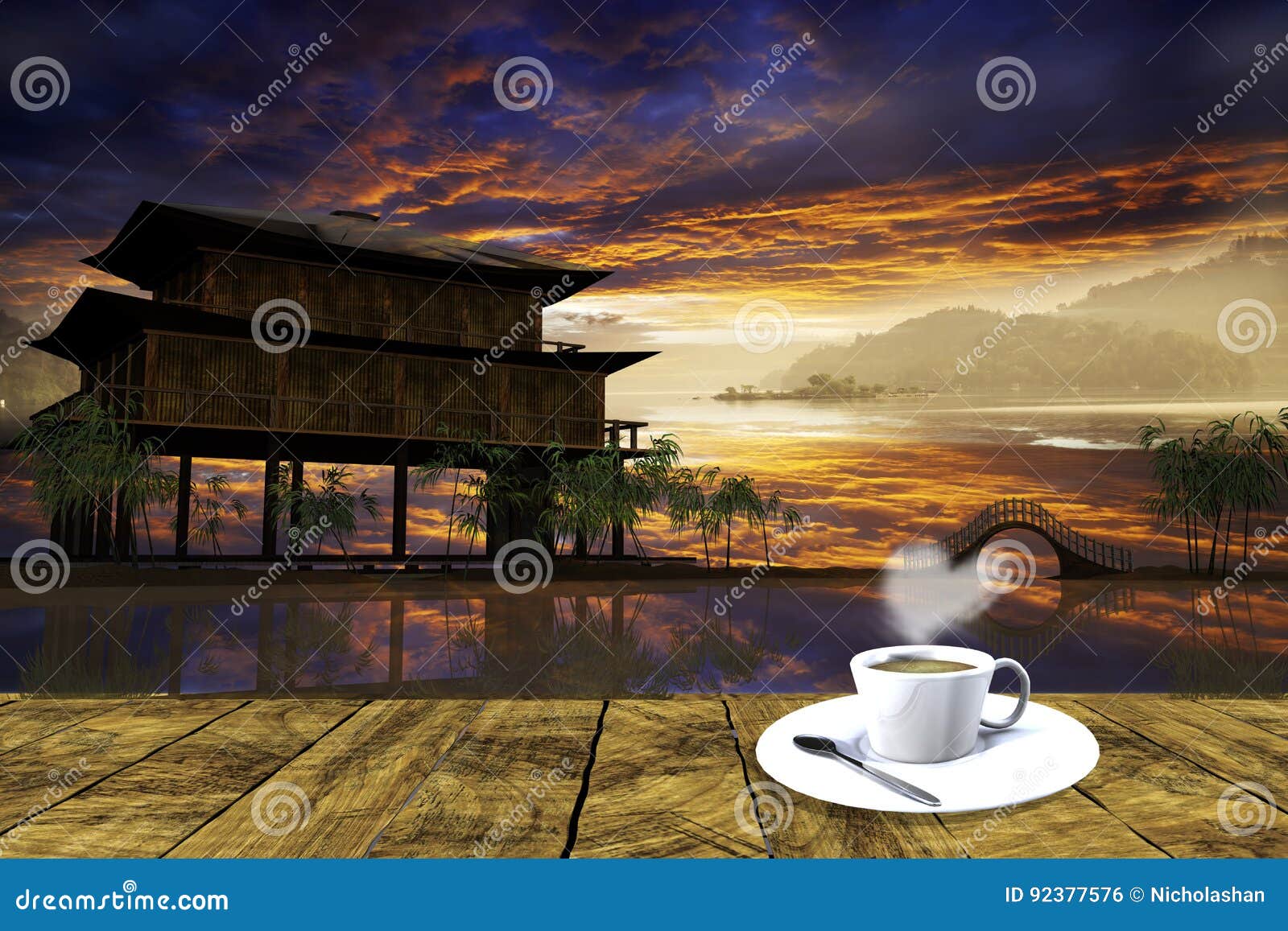 3d Rendering of Beautiful Landscape with a Plate with Easy Coffee Stock ...
