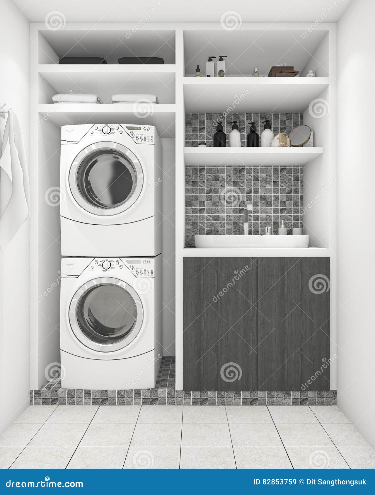3d Rendering Beautiful Modern White Laundry Room with Decoration Stock ...