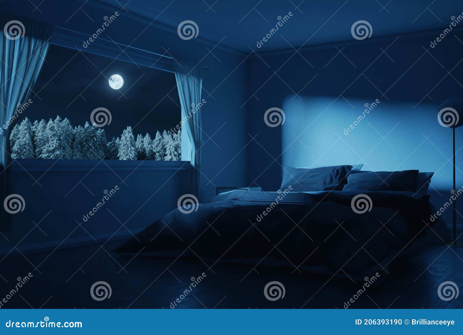 3d Rendering of Bedroom with Cozy Low Bed in the Full Moon Night Stock ...