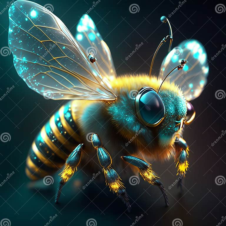3d Rendering of a Bee on a Black Background with Blue Lights Generative ...