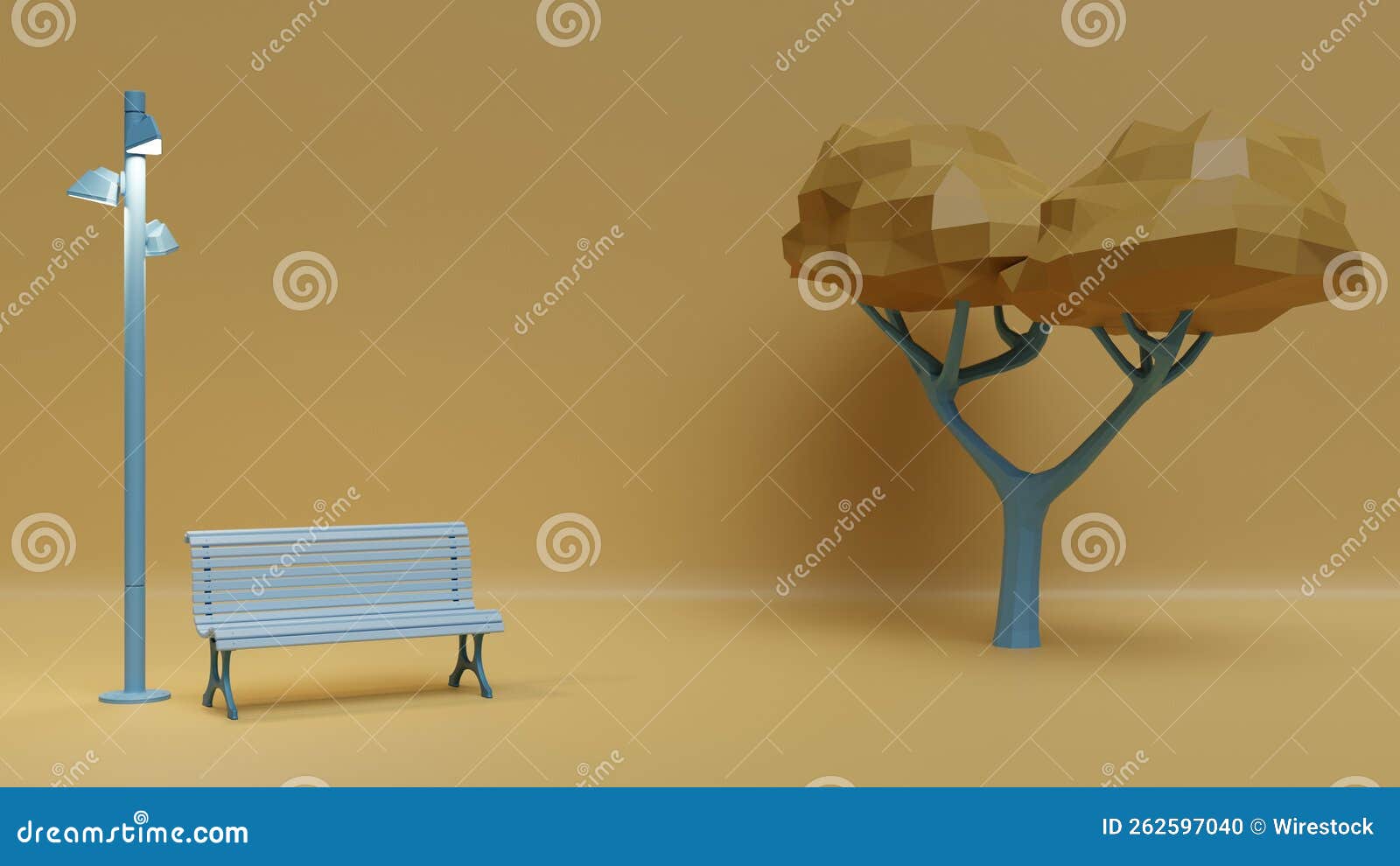 3D Rendering with a Bench, Street Light, and Tree on a Brown Background ...