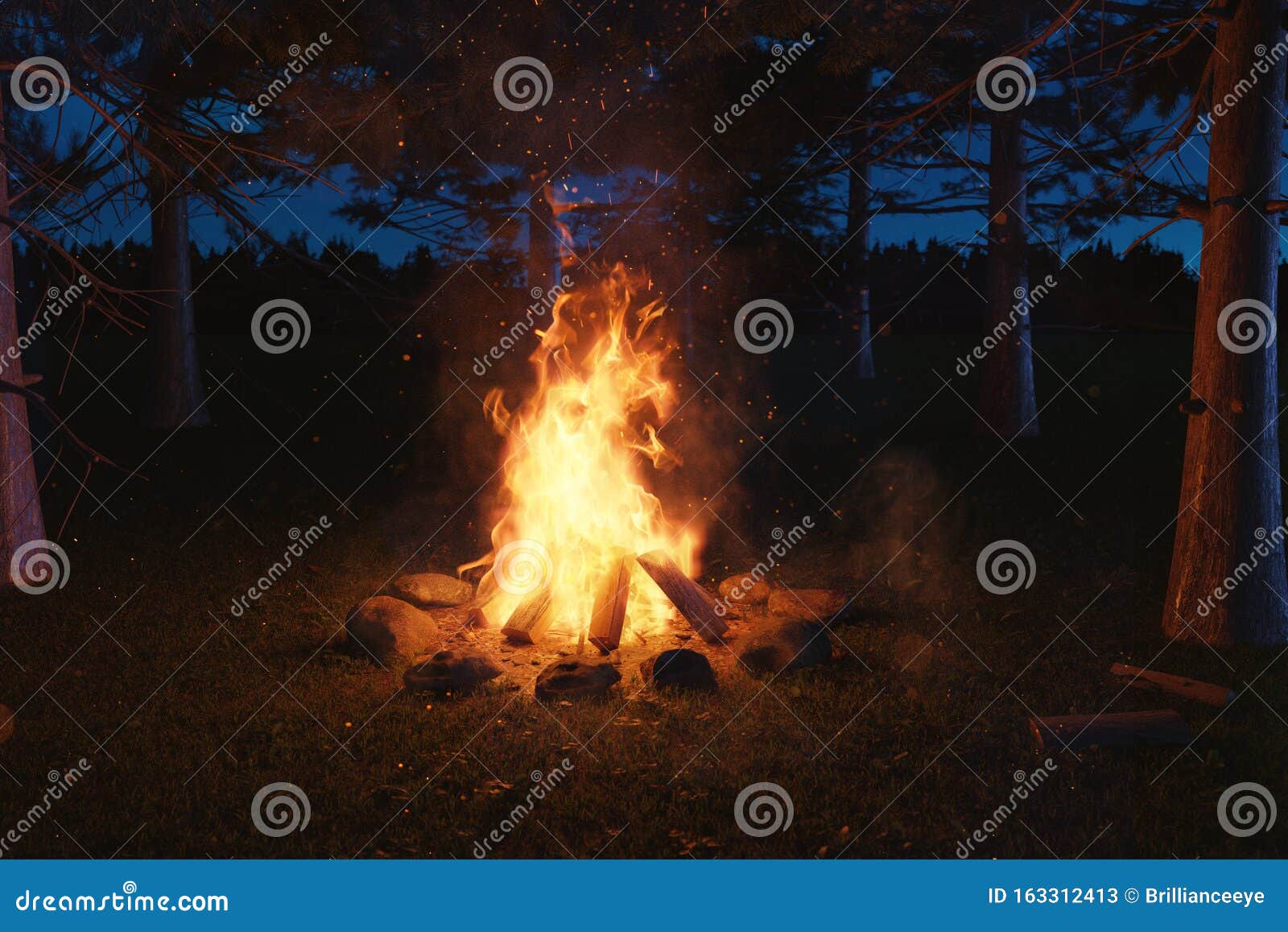 3d Rendering of Big Bonfire with Sparks at Forest in the Night Stock ...