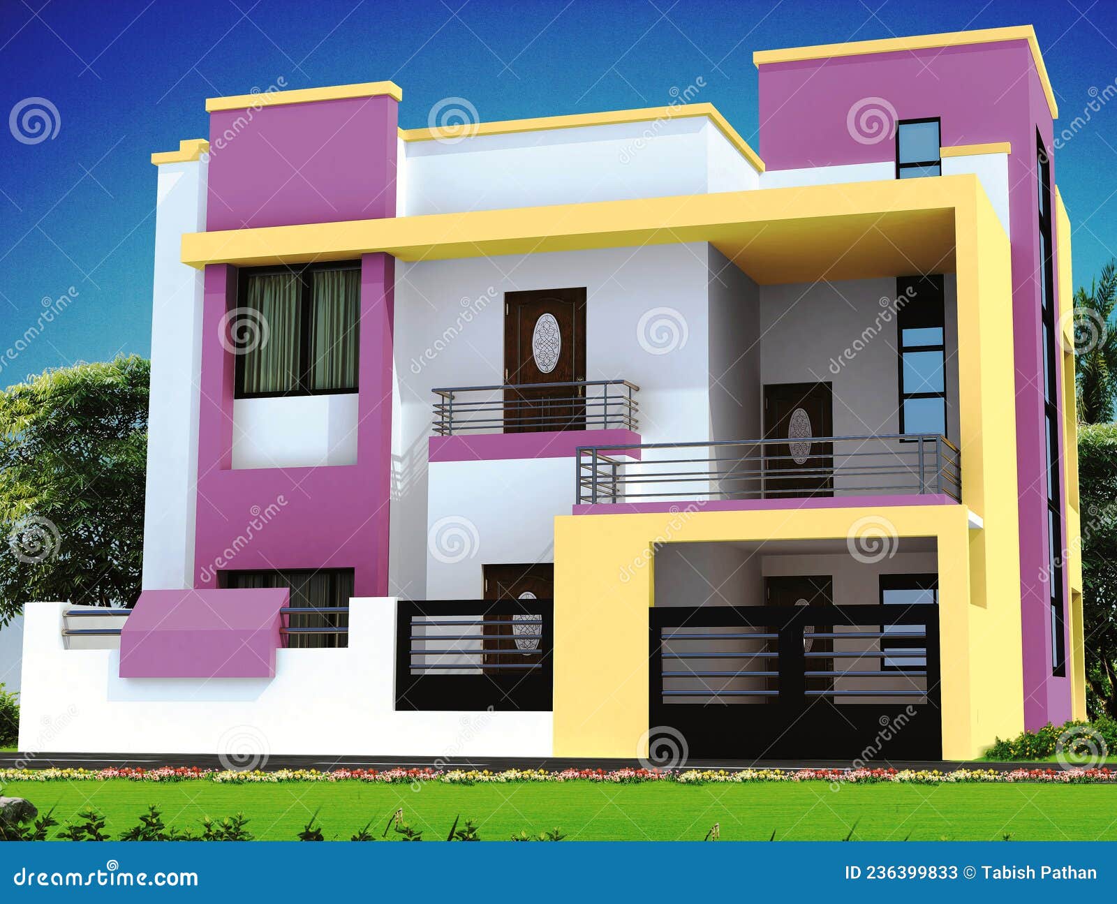 3D Rendering Of A Duplex House Exterior Design With Orange Color ...