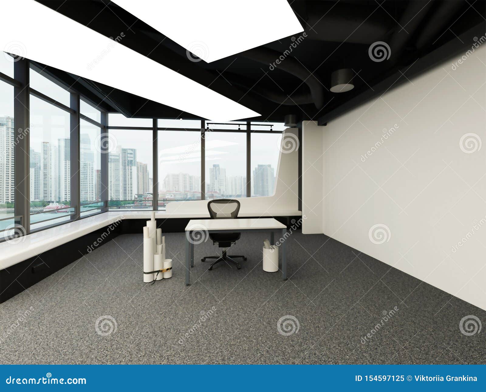 3d Rendering Of Big Office Interior With Desk And Chair Royalty-Free ...