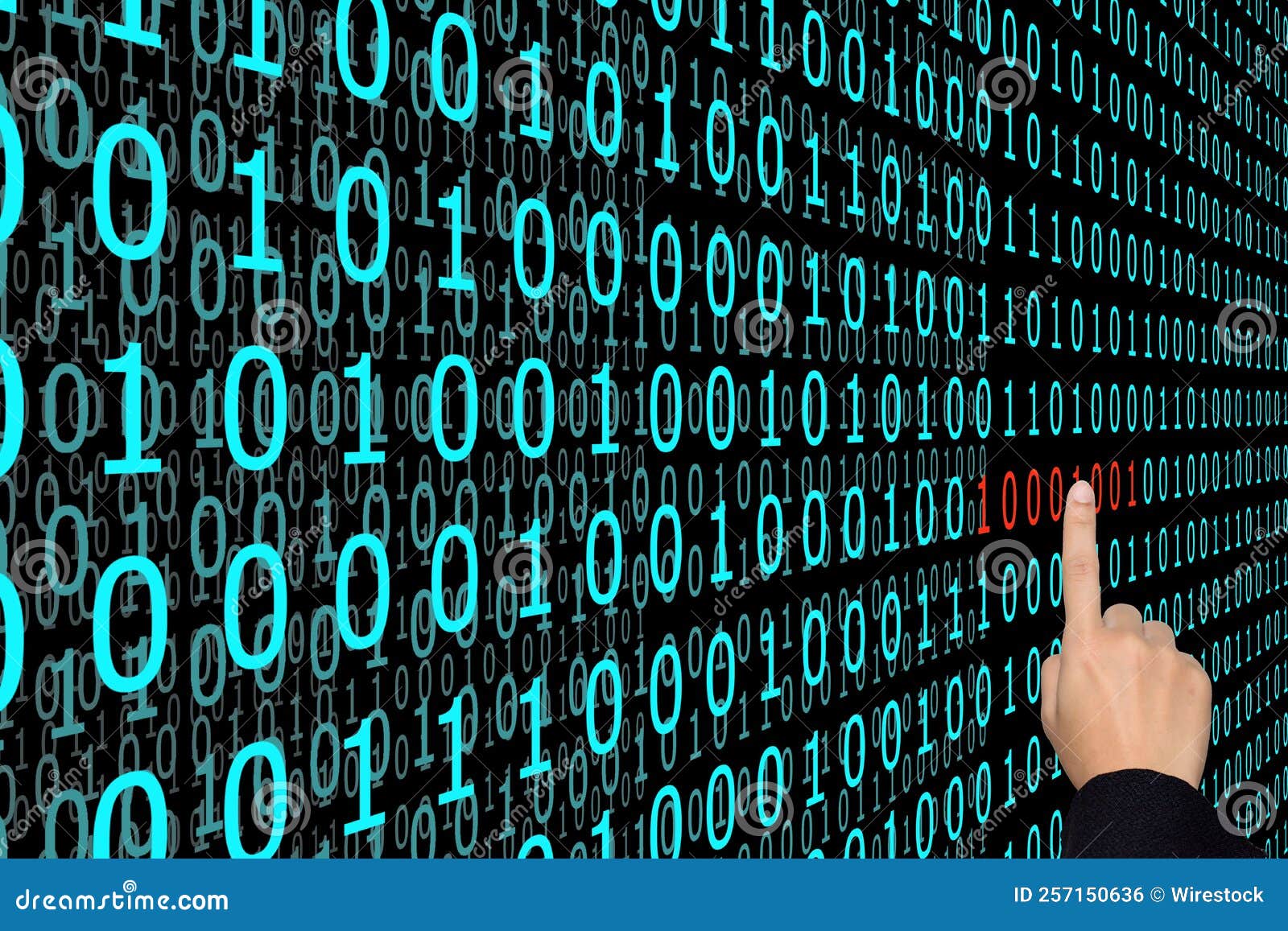 3d Rendering Binary Code Screen With A Finger Pointing At The Problems