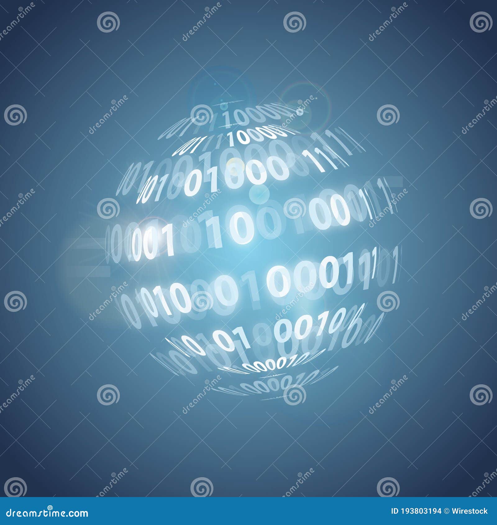 3D Rendering of a Binary Code Sphere with Light Beams on a Blue Background Stock Illustration ...