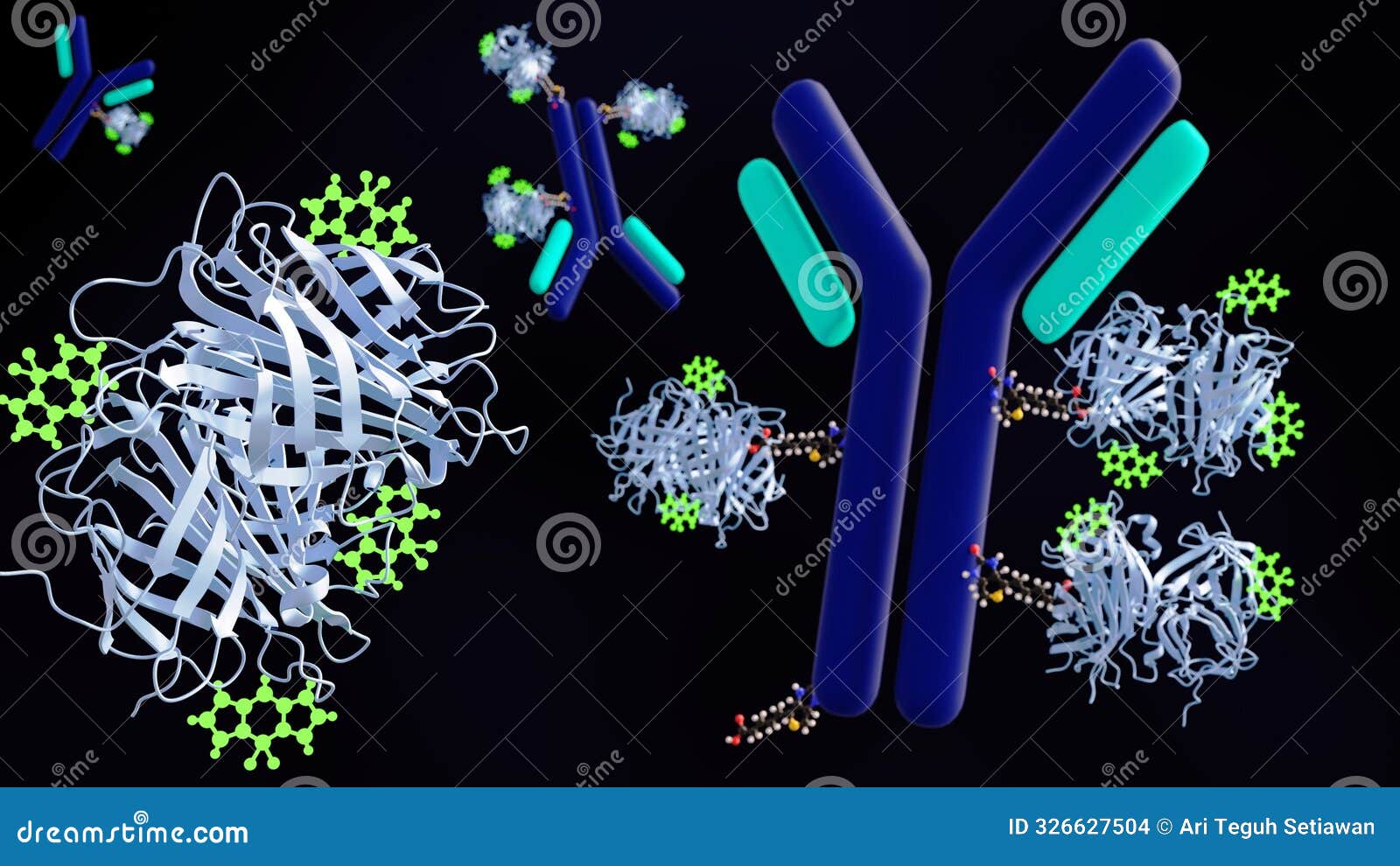 3d Rendering Of Antibody Molecules And Multipolar Brain Cells Stock ...