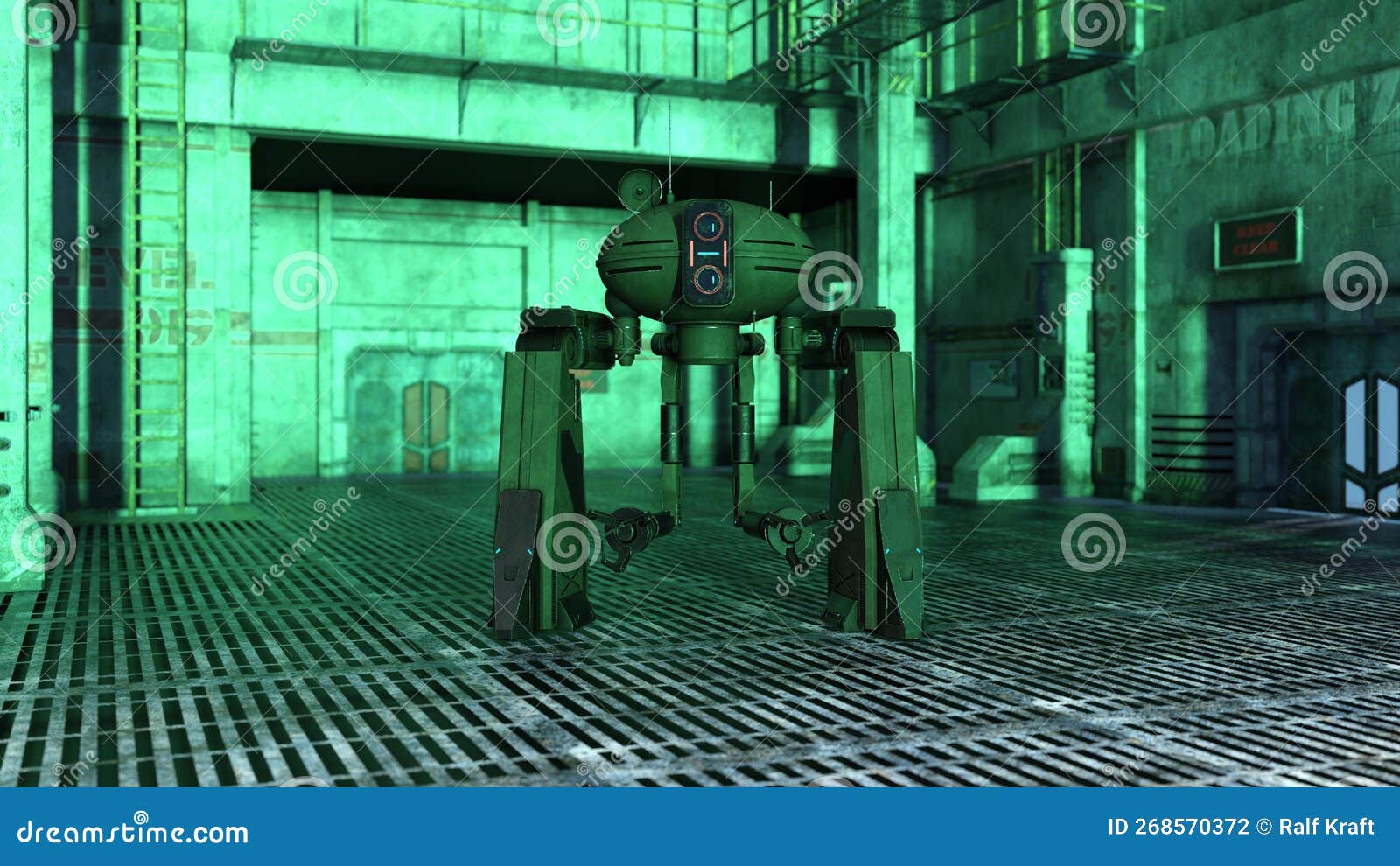3D-illustration of a Biped Droid or Robot in a Science Fiction Starship ...