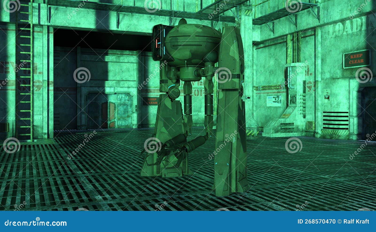 3D-illustration of a Biped Droid or Robot in a Science Fiction Starship ...