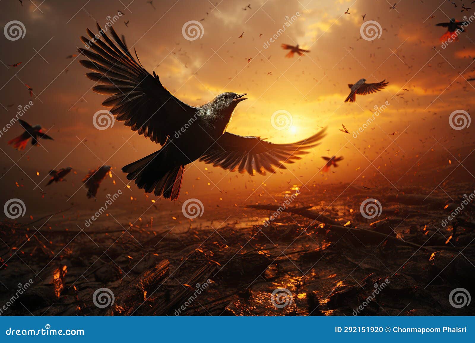 3D Rendering of a Bird Flying in the Sky with Sunset Background ...