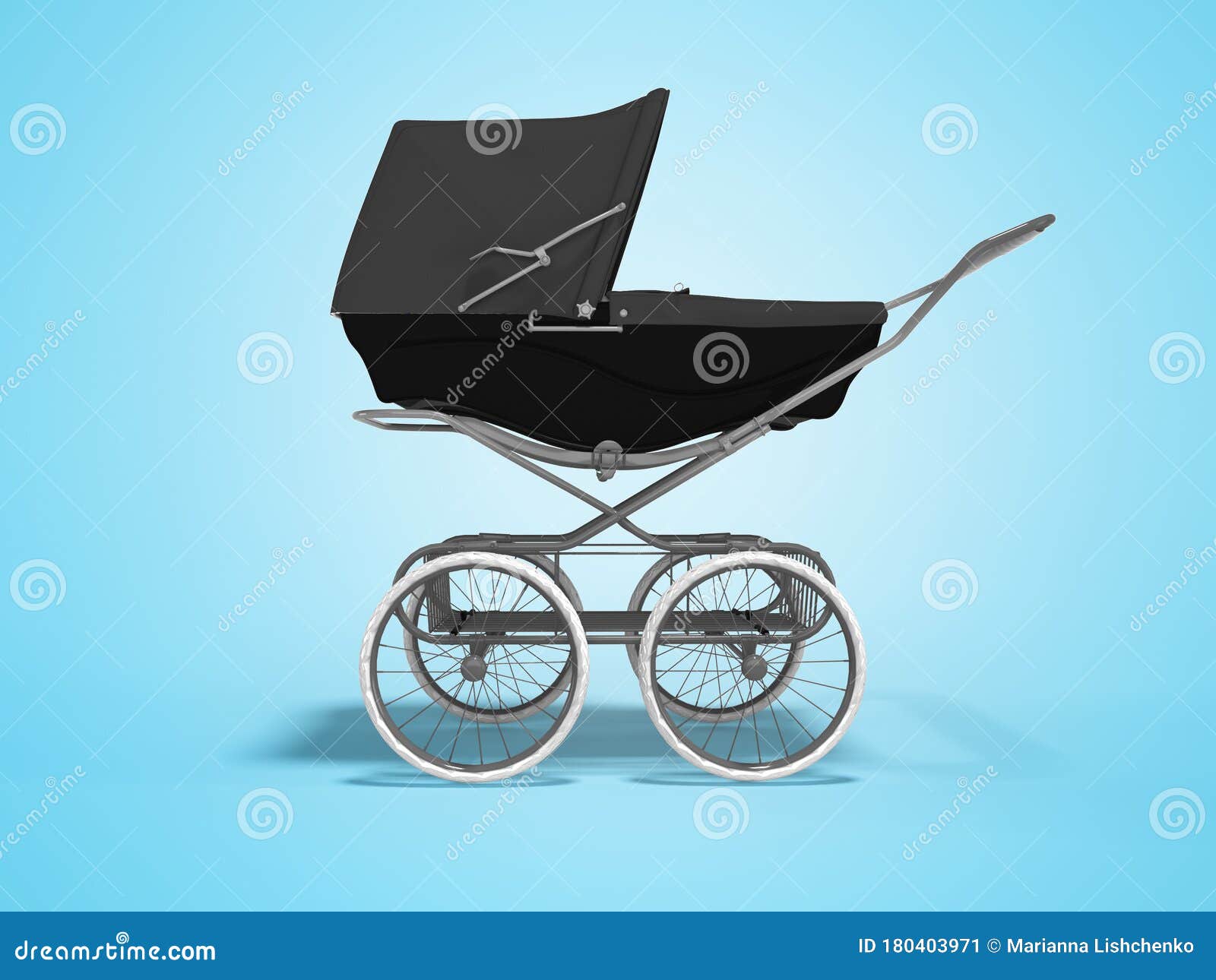 3D Rendering Black Baby Stroller with Trunk in Side View Blue ...