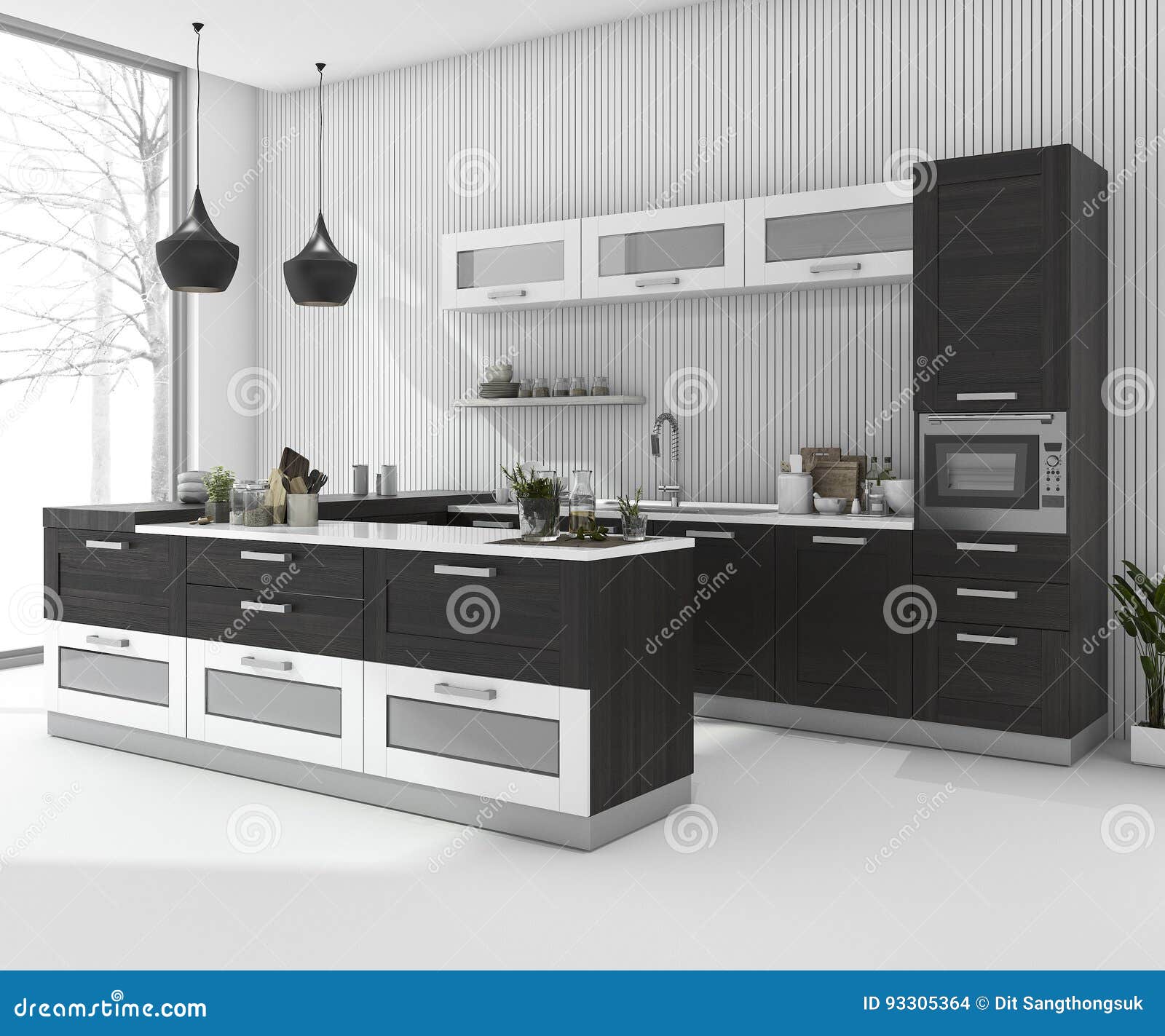 3d Rendering Black Bar Kitchen in Minimal Room in Winter Stock ...